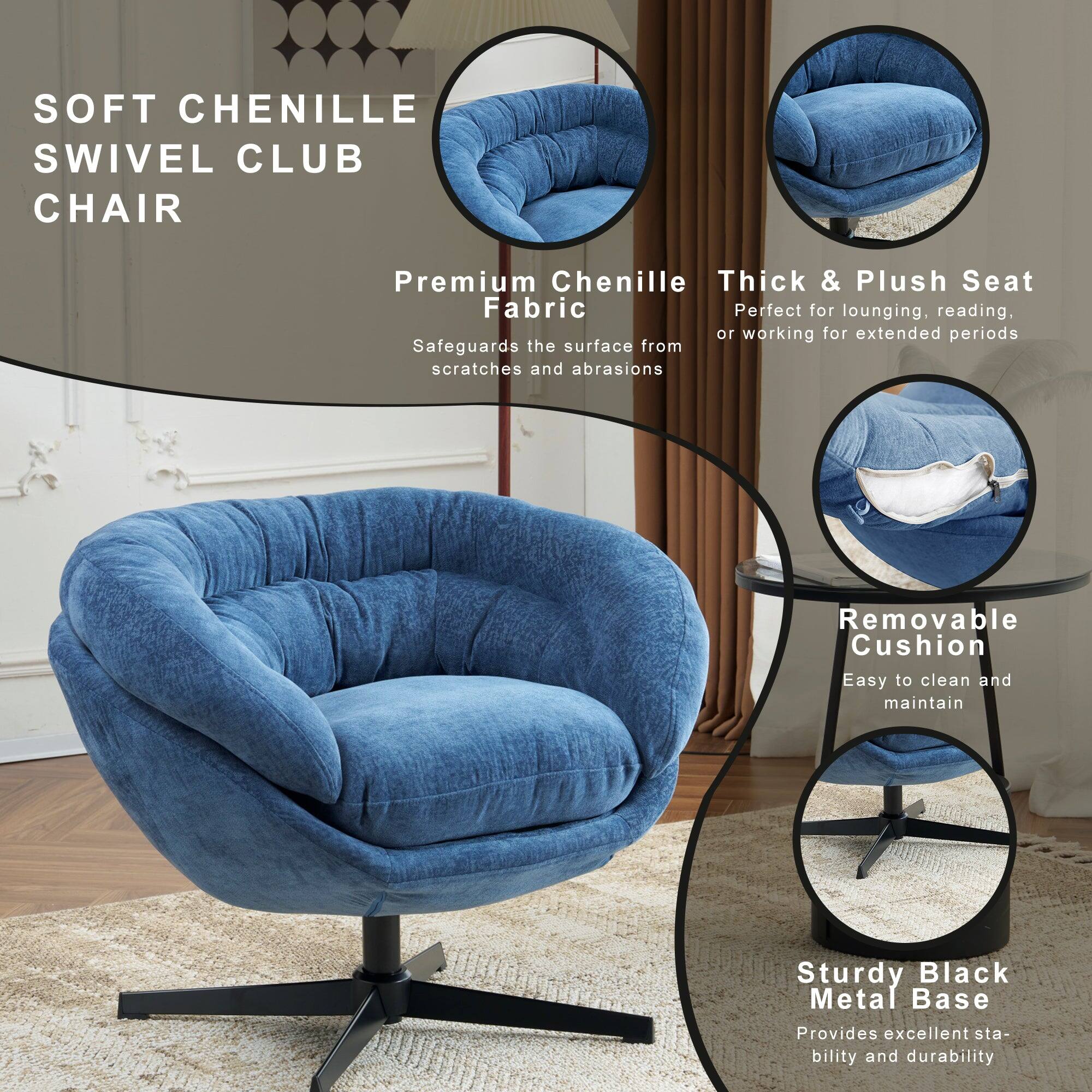 Boyel Living Navy Modern Chenille Round Swivel Office Chair with ...