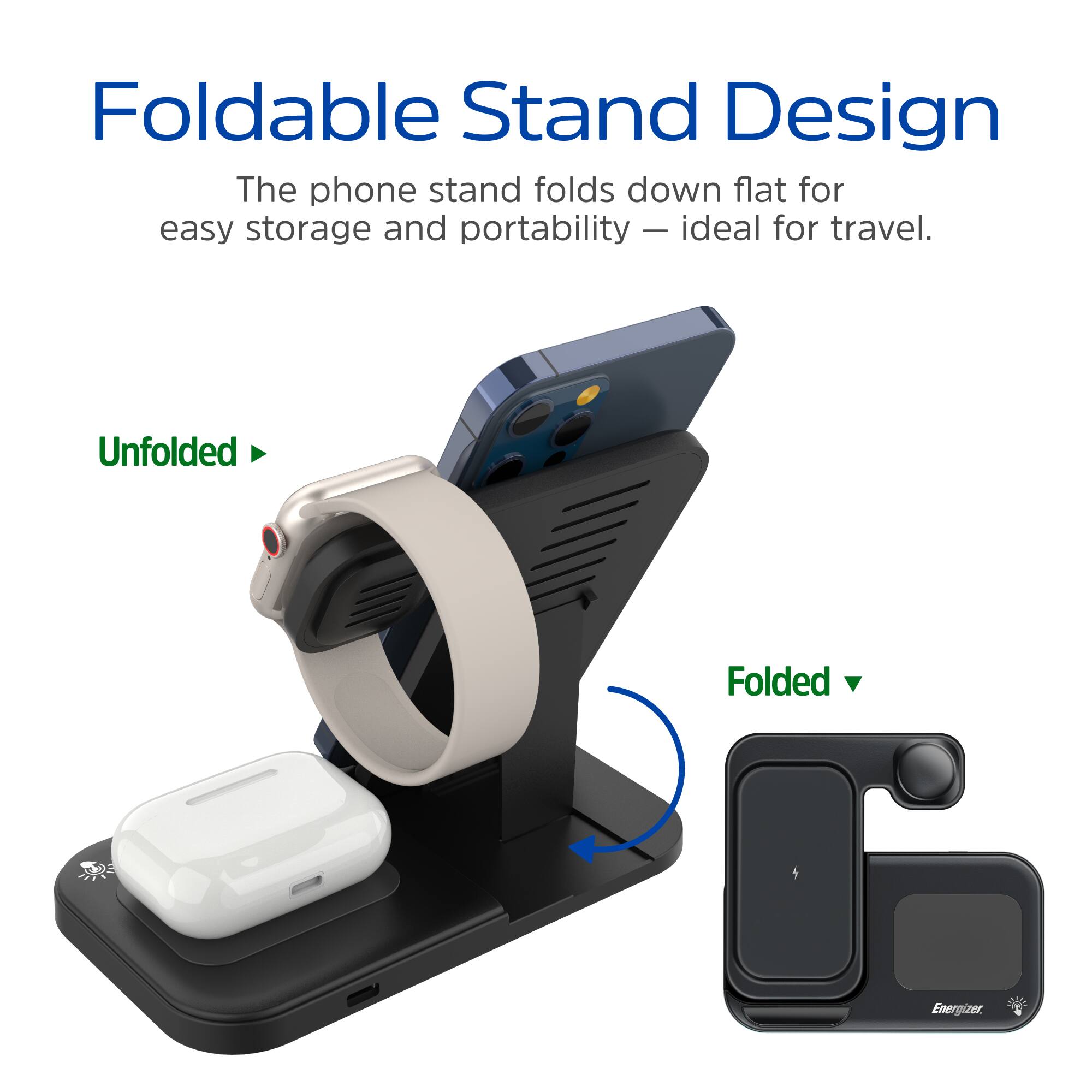 Energizer 3 in 1 15W Foldable Qi Certified Wireless Fast 15W Charger, Charging Station/Stand for ...