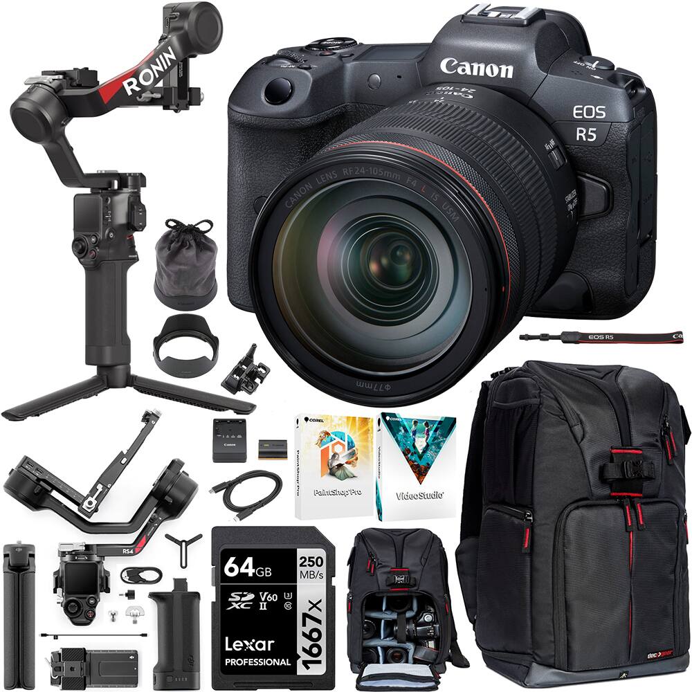 Canon EOS R5 Mirrorless Camera Body + 24 105mm Lens Kit + DJI RS 4 ...