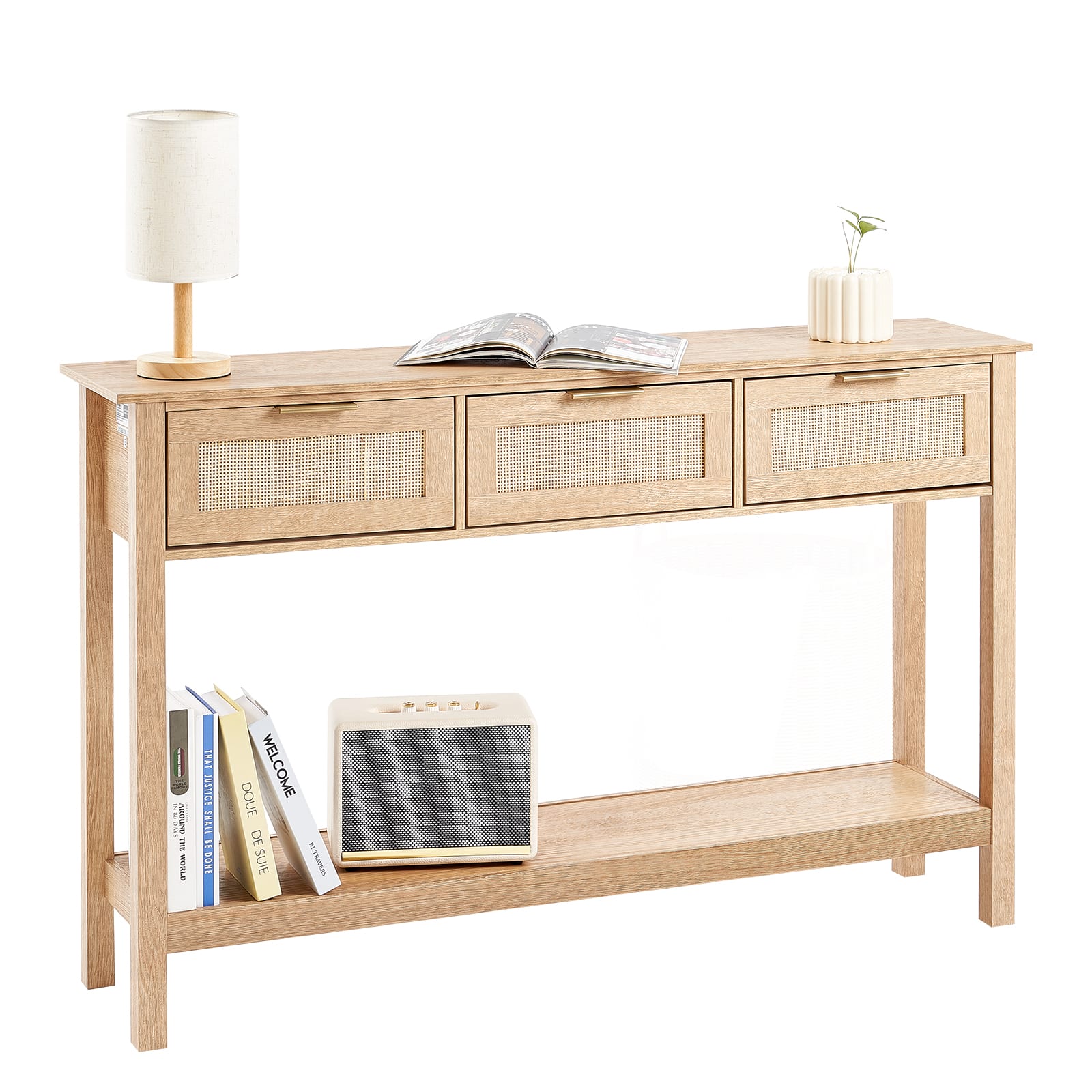 Vevor Rattan Console Table with 3 Storage Drawers, Rattan Entryway ...