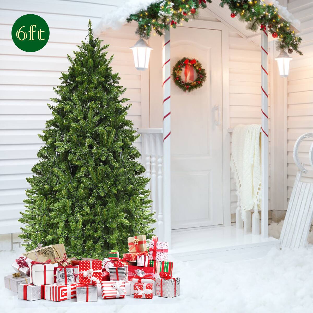 Gymax 6ft Pre lit LED Light Christmas Fir Tree w/8 Flash Modes Patio ...