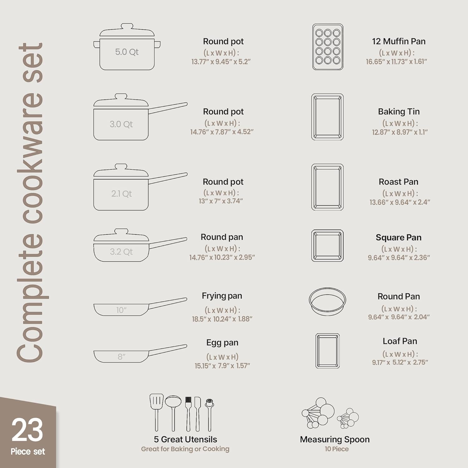 Bakken Swiss Pots and Pans Set Non Stick Ceramic, 23 Piece Cookware & Bakeware Sets with Plaid ...