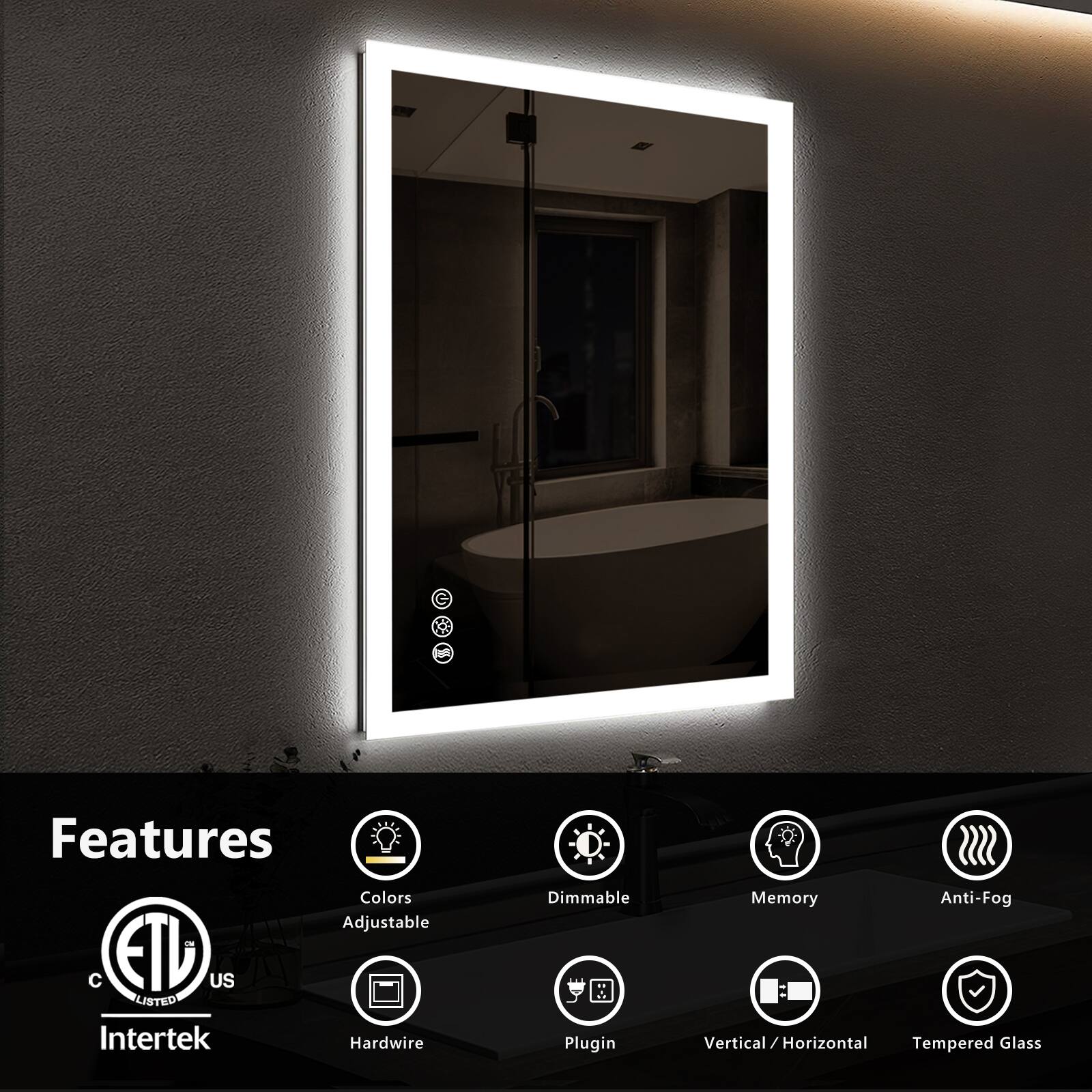 LOVMOR 30x24 Inch LED Bathroom Mirror with Anti Fog Dimmable Lights 3 ...