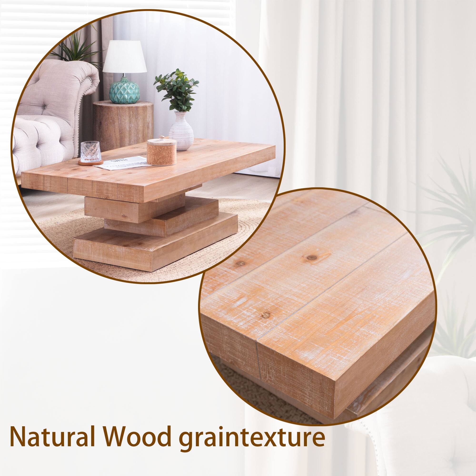 TinyHomie Modern Rustic Wood Coffee Table Farmhouse Wood Block Base ...