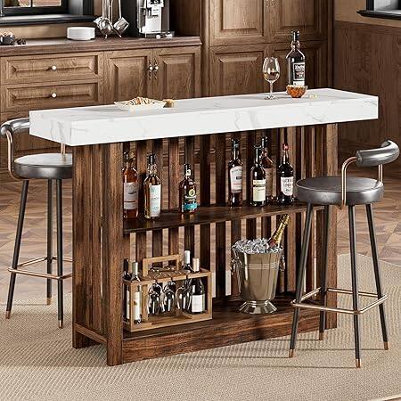 GARVEE Modern 63" Long Bar Table for 4 8 People, 2 Tier Storage Shelves ...