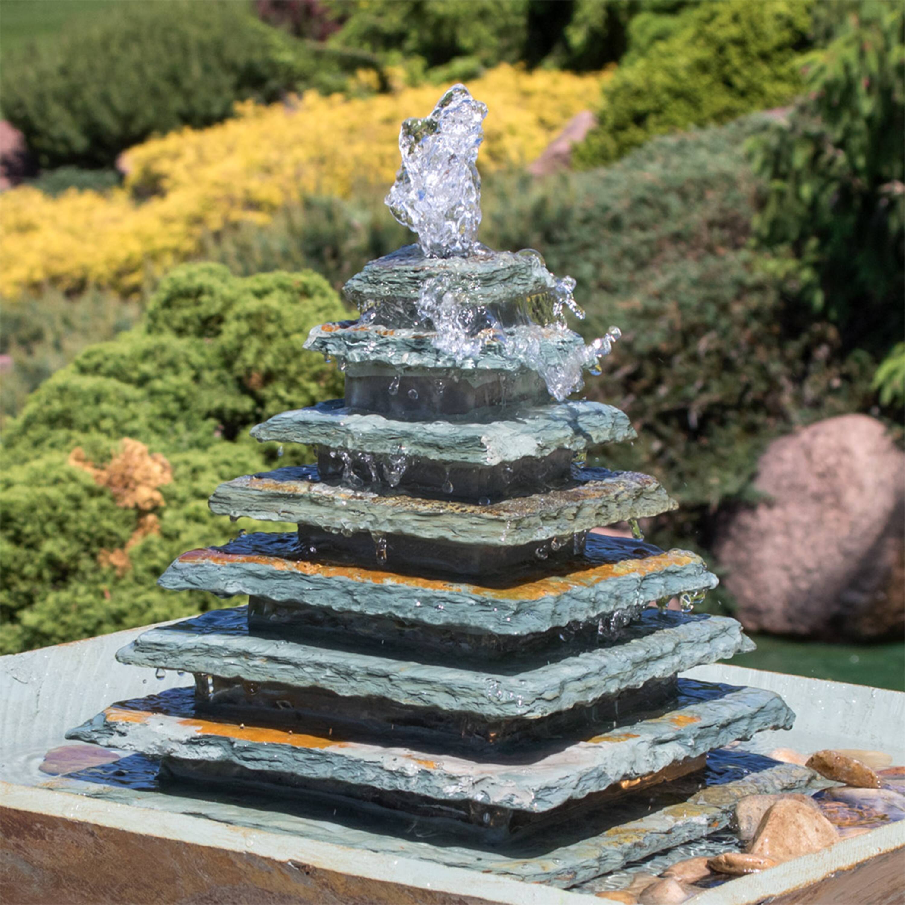 Sunnydaze Layered Slate Pyramid Water Fountain with LED Lights 40 in ...