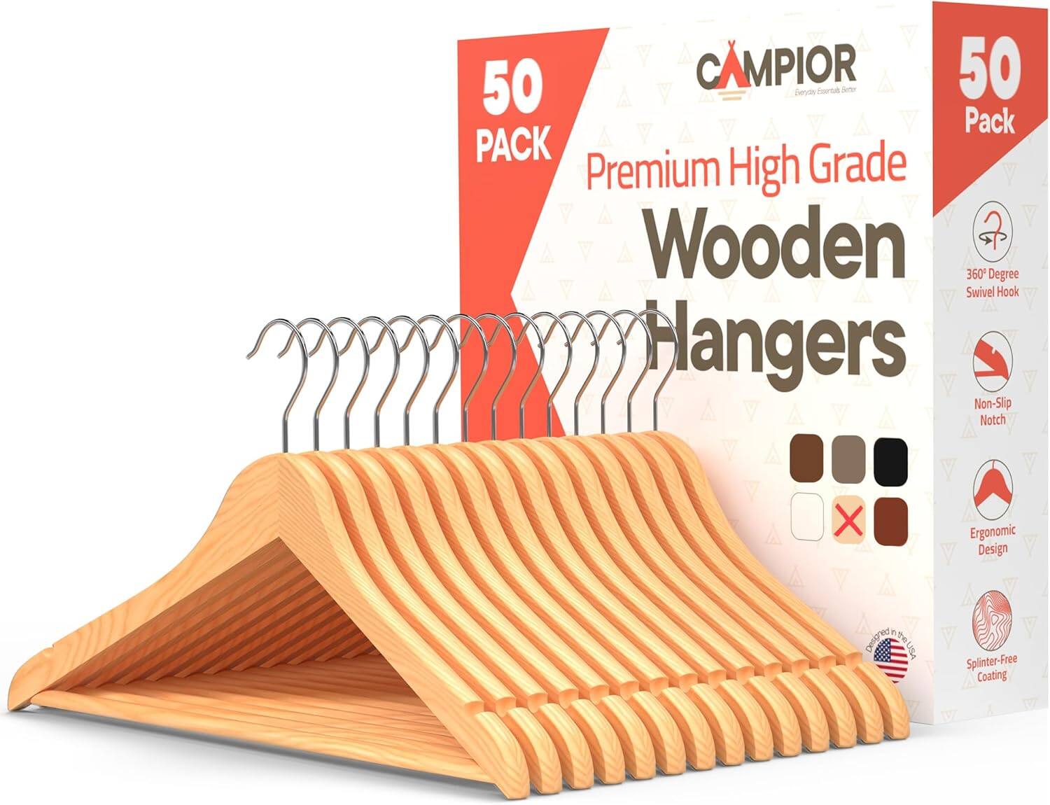 Campior Wooden Hangers – 50 Pack, 360° Swivel Hook, Non Slip, Pants Bar ...