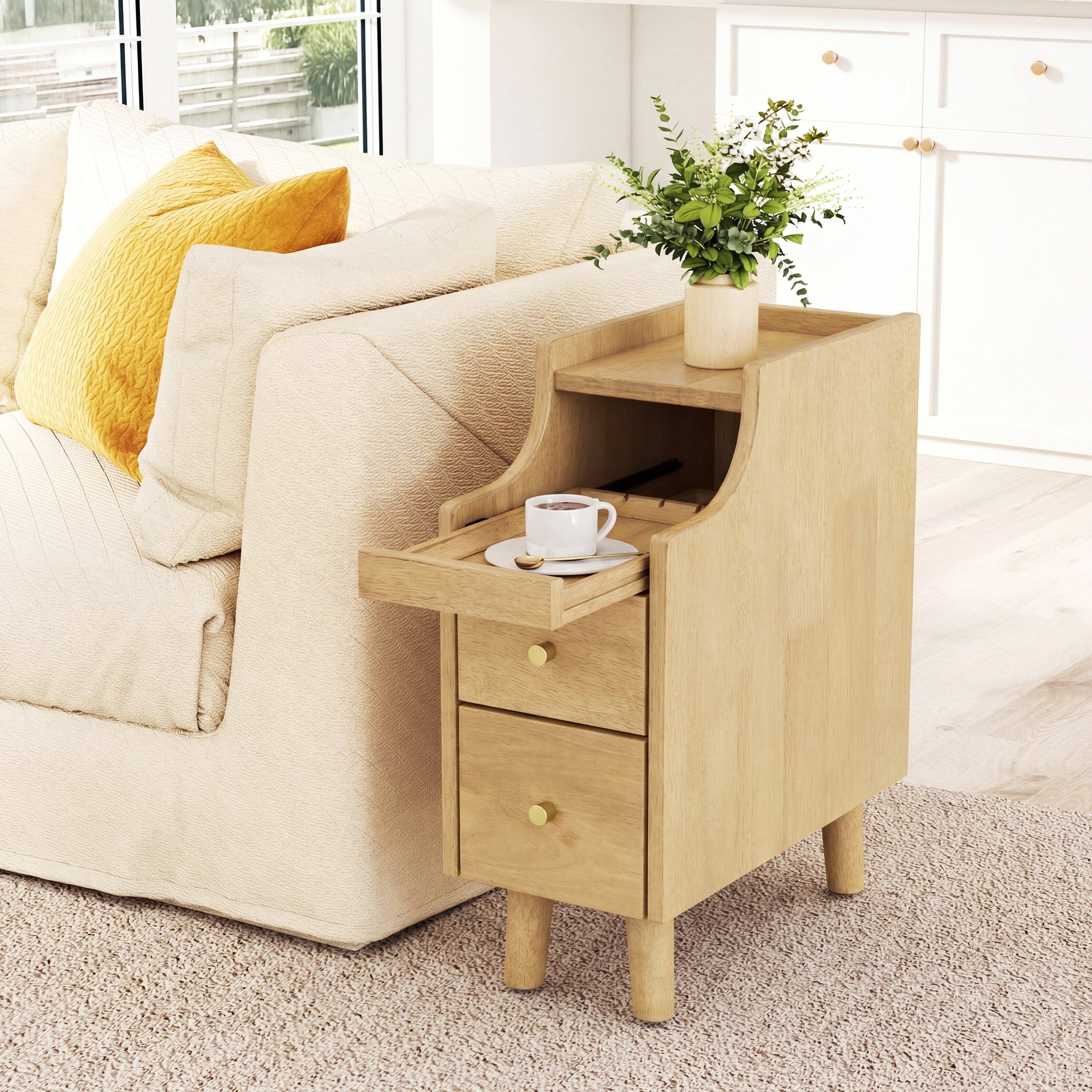 Gymax 2PCS Narrow Nightstand Solid Wood End Table w/Pull out Tray & 2 ...