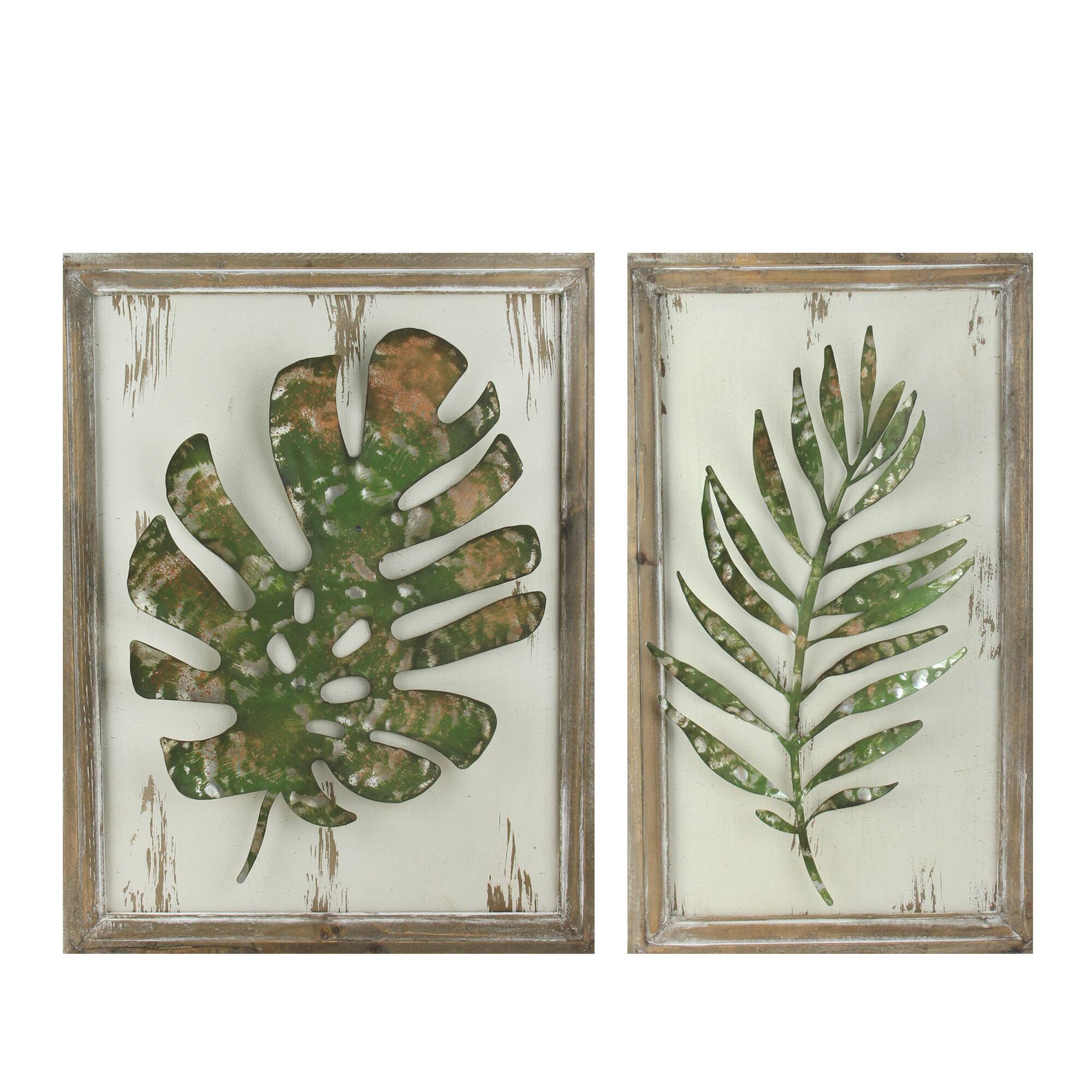 Melrose Set of 2 Rustic and Distressed Forest Green Leaf Framed Wall ...