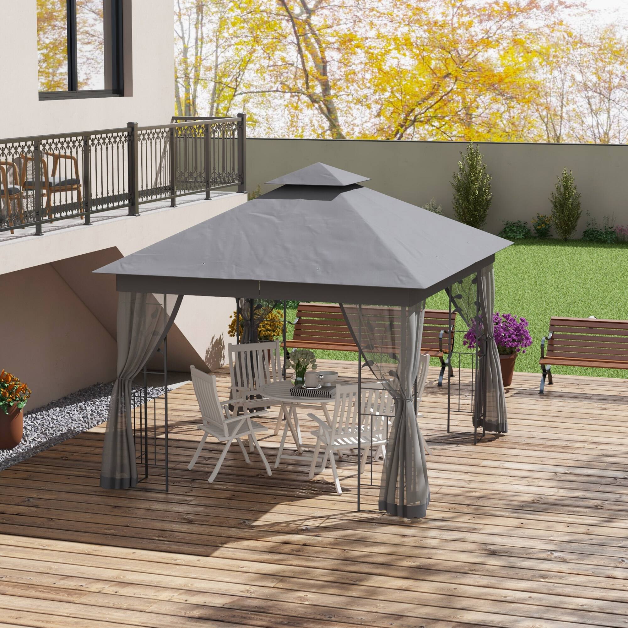Outsunny 10' x 11.5' Metal Patio Gazebo, Double Roof Outdoor Gazebo Canopy Shelter with Tree ...