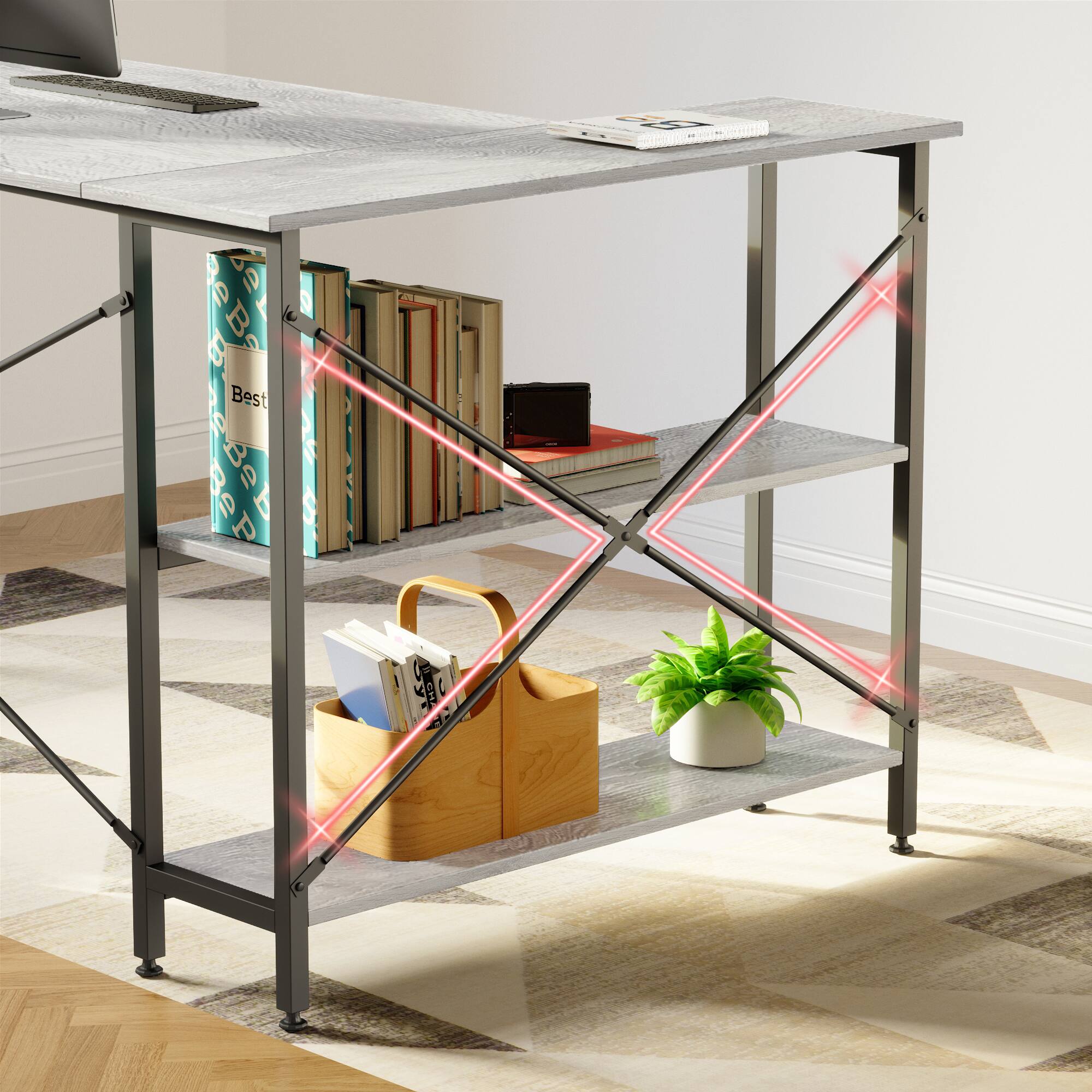 Bestier L Shaped Computer Desk with Storage Shelves Retro Grey Oak ...