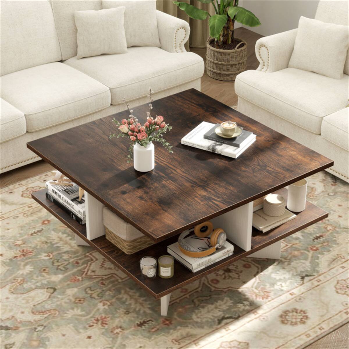 SlickBlue 2 Tier Square Coffee Table with 4 Storage Compartments for ...