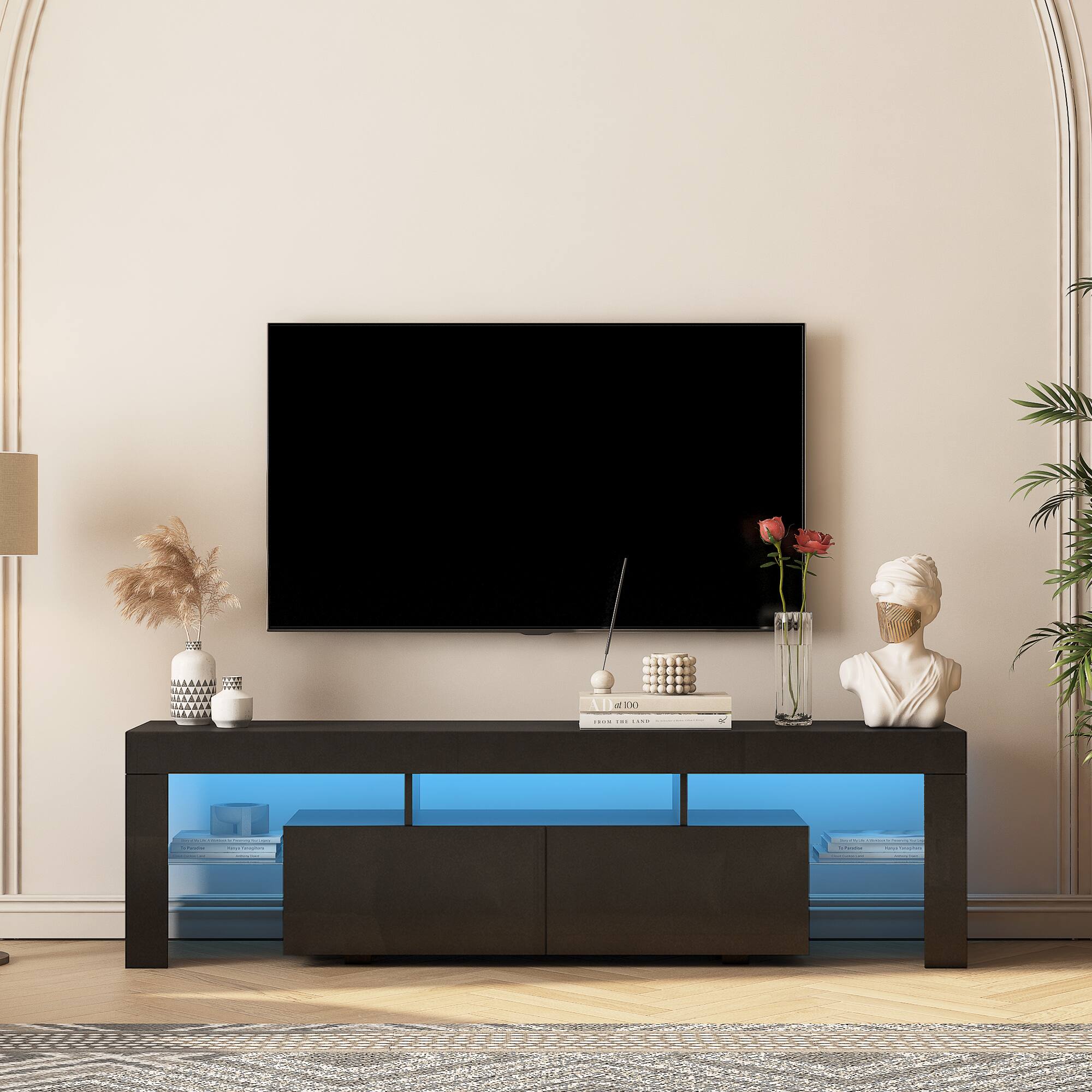 APRILSOUL High Gloss TV Stand with LED Lights for TVs up to 65 Living ...