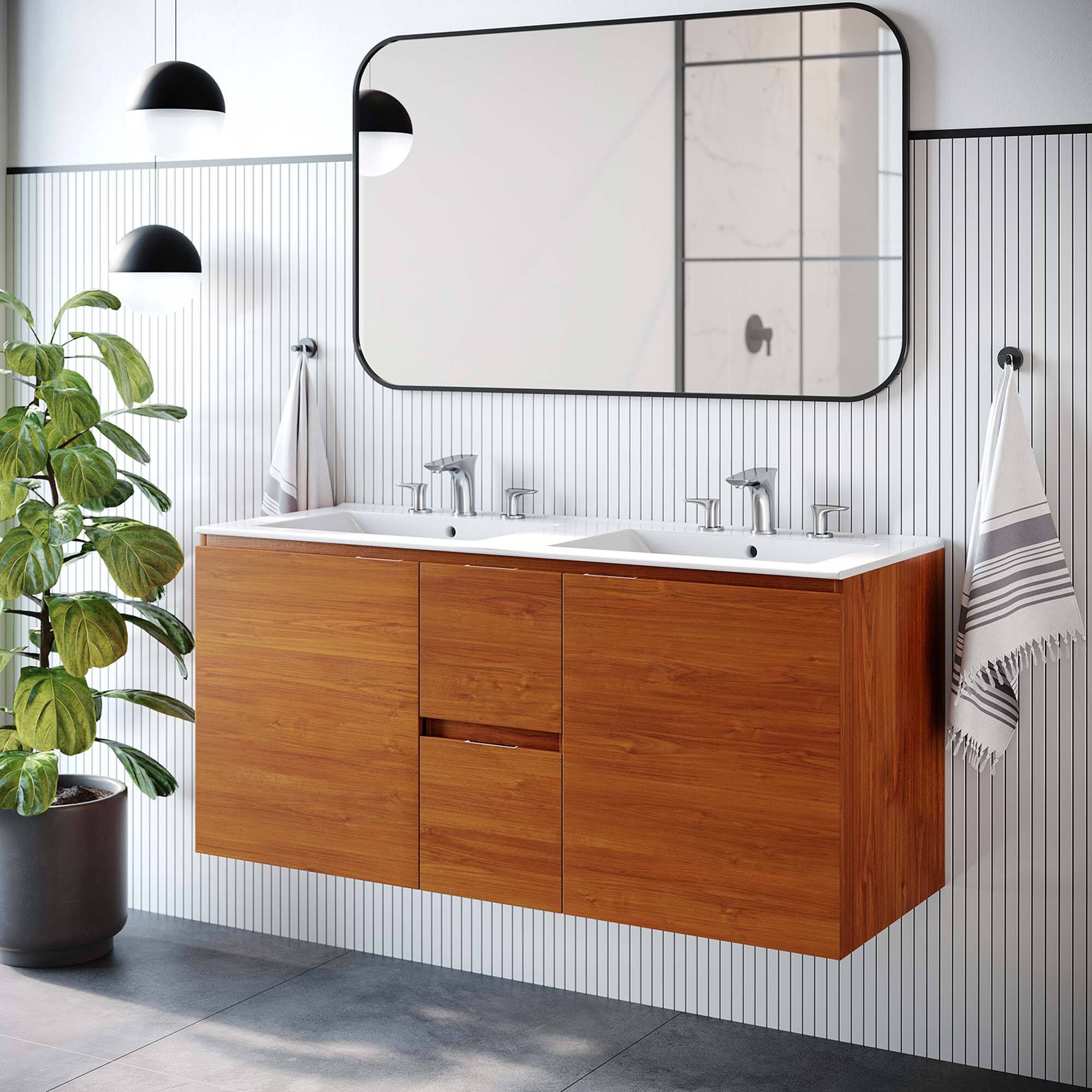 Scenic 48" Double Wall Mount Bathroom Vanity by Modway Cherry White EEI ...