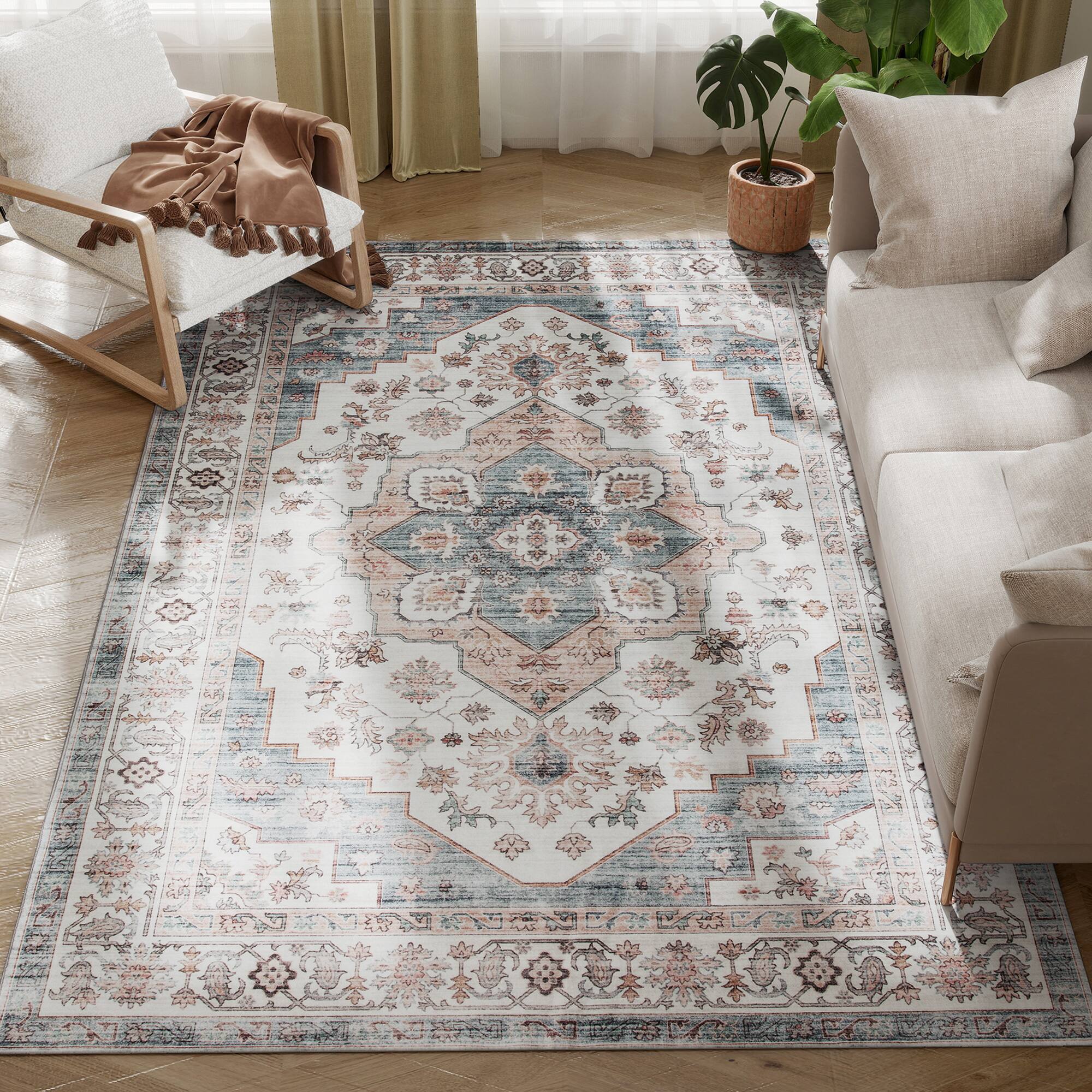 Homcom 5x7 Distress Rug: Mach Wash Vintage Non Slip Light Blue Carpet ...