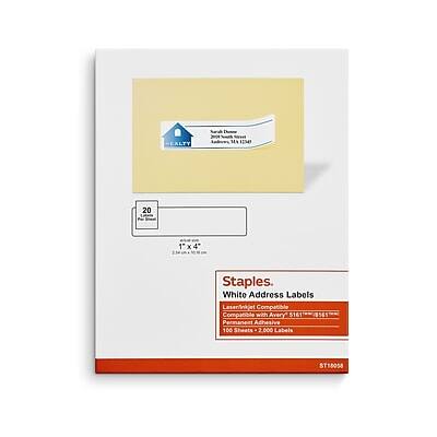 Staples Laser/Inkjet Address Labels, 1" x 4", 20 Labels/Sheet, 100 ...