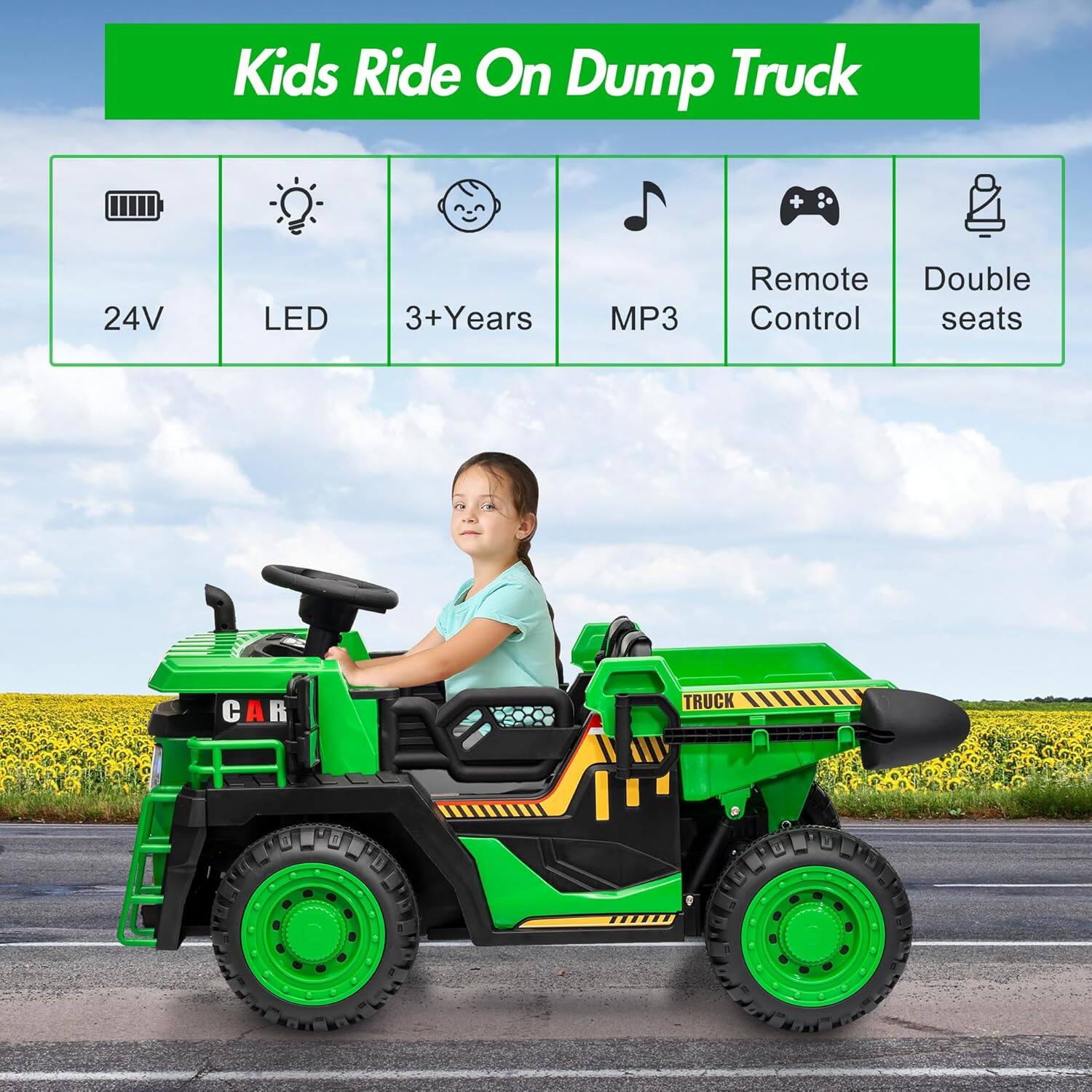 Acekool 24V 2 Seater Ride On Dump Truck, Remote Control, Electric Dump ...
