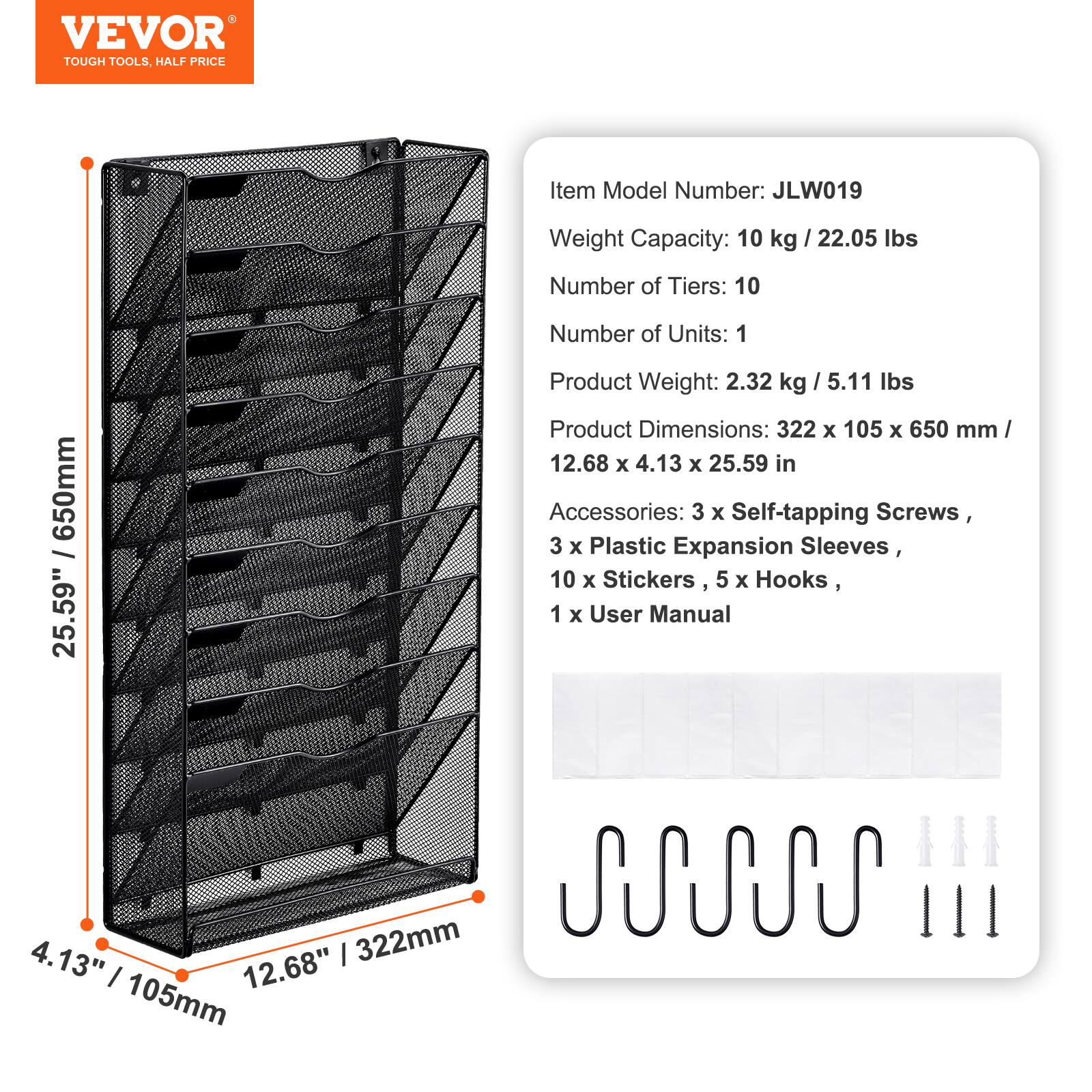 VEVOR File Wall Rack, One Piece 10 Pockets Mesh Wall File Holder, Wall ...