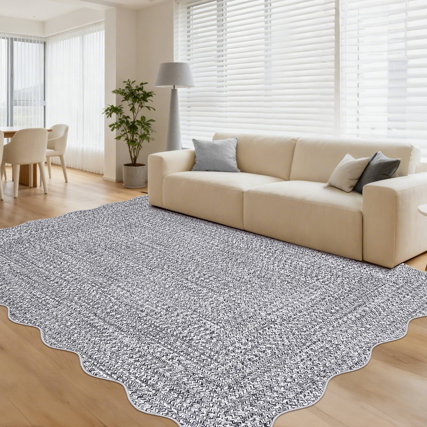 Acekool Modern Plain Tone Scalloped Boder Area Rug Minimalist Design ...