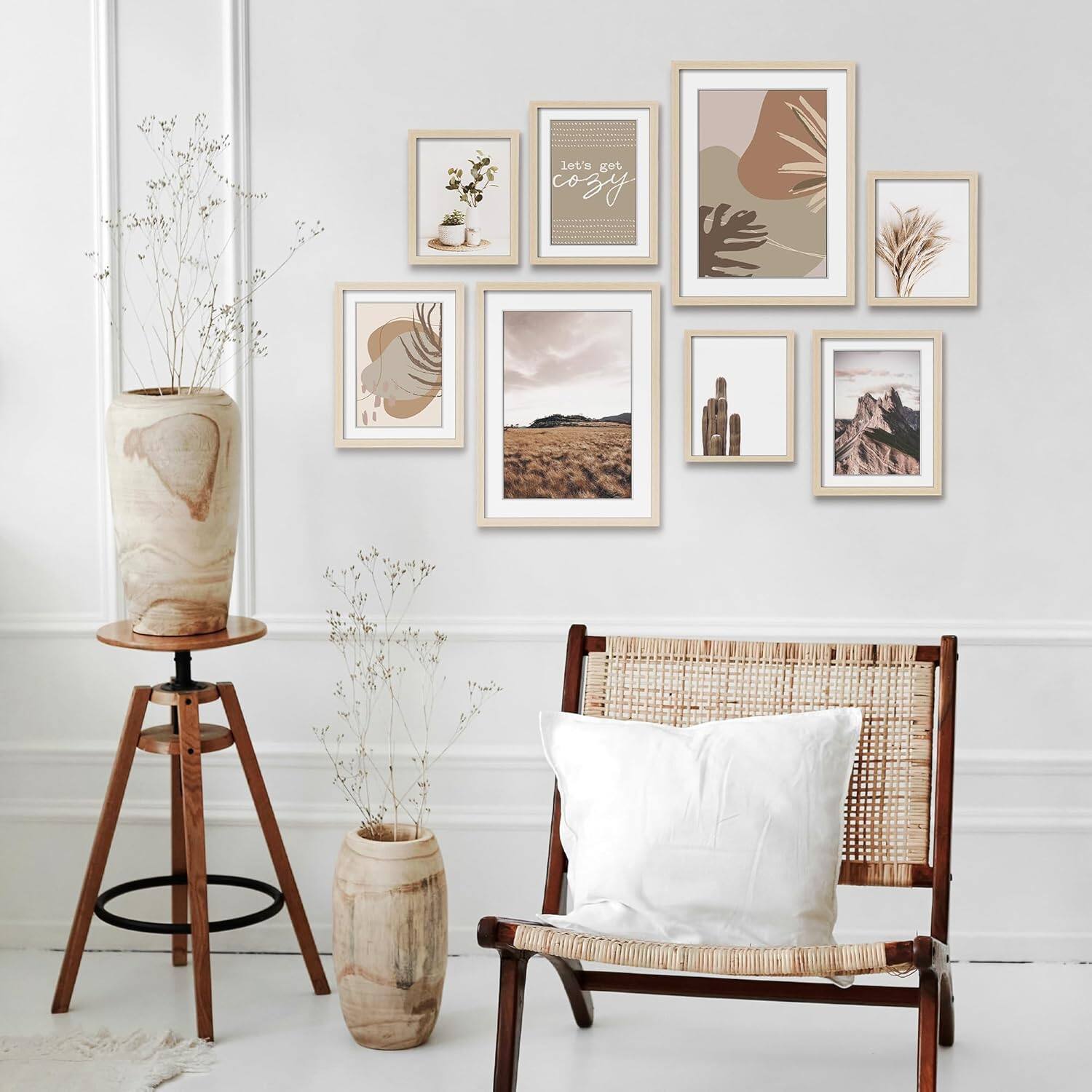 blue Gallery Wall Frame Set for Stairway, Neutral Wood Picture Frames ...