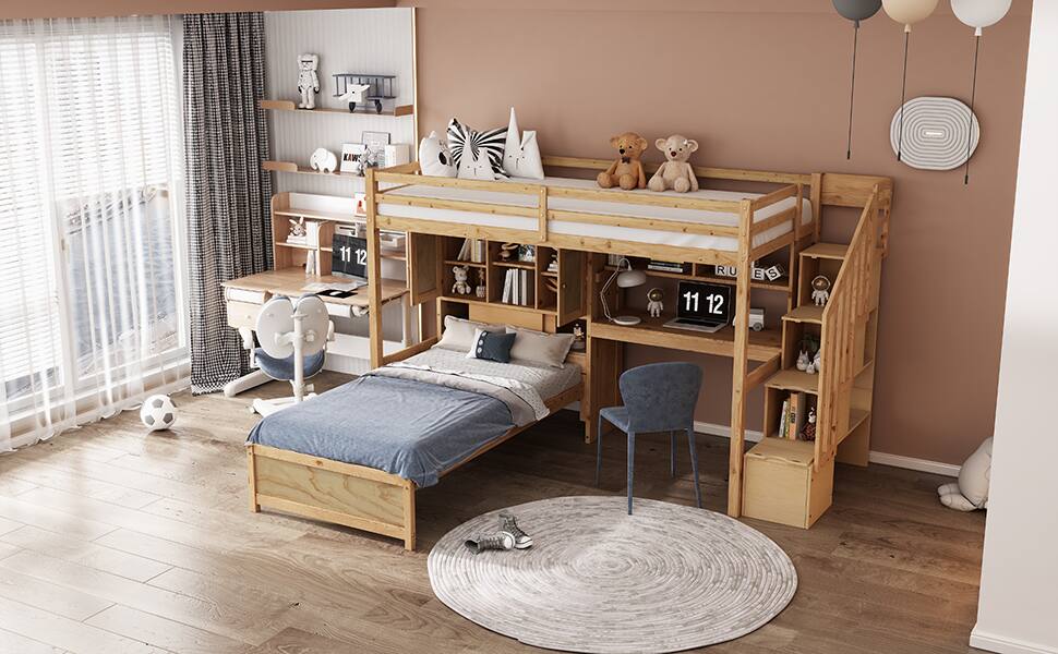 Tiramisubest Twin over Twin Loft Bed with Desk, Staircase, Storage ...