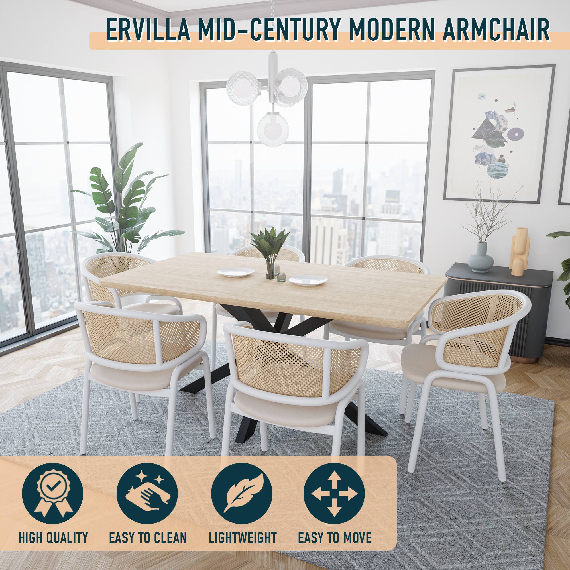 LeisureMod Ervilla Mid Century Velvet Dining Armchair Modern Rattan ...