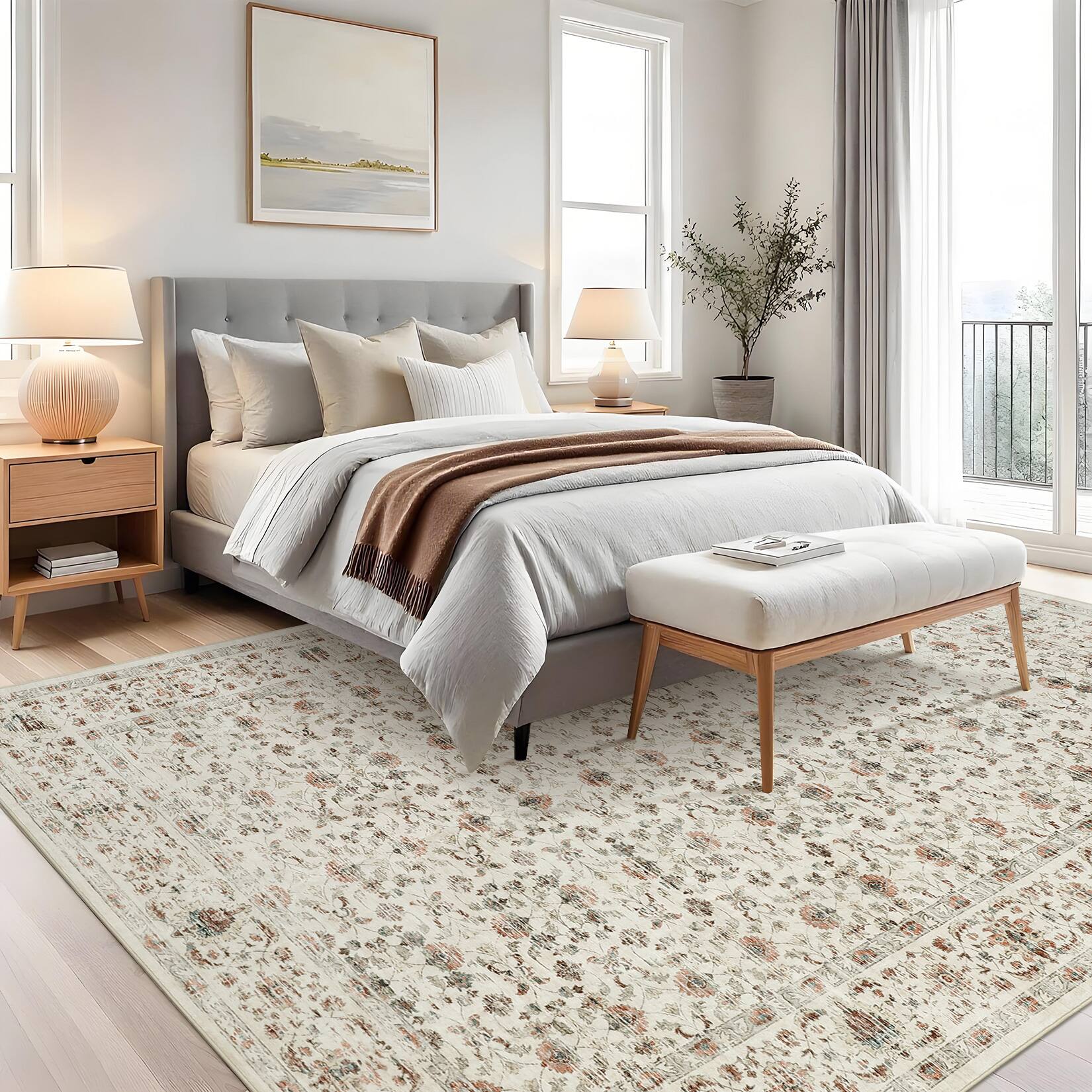 GARVEE Boho Vintage Floral Printed Area Rug Low Pile Ultra Thin Machine ...