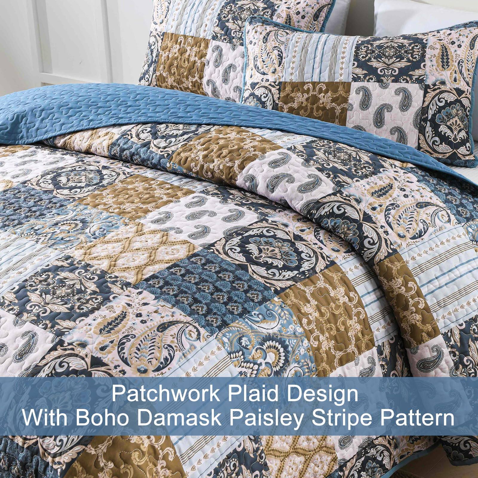 NICHOLAS KLEIN Boho Quilt Set Queen Plaid Bedspread Sets Paisley Soft Microfiber Quilts For Bed ...