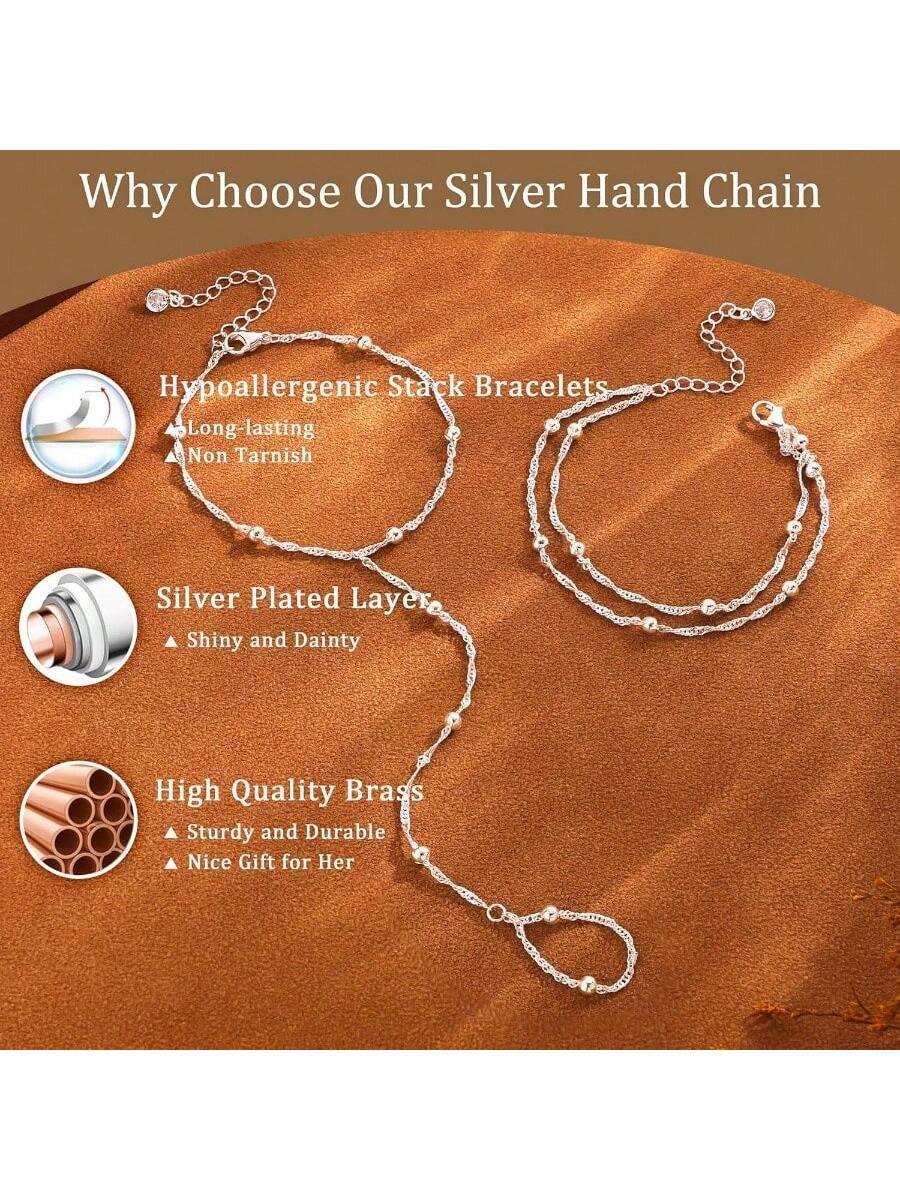Live At Space Silver Hand Chain Bracelets Women Set Dainty Finger Ring ...
