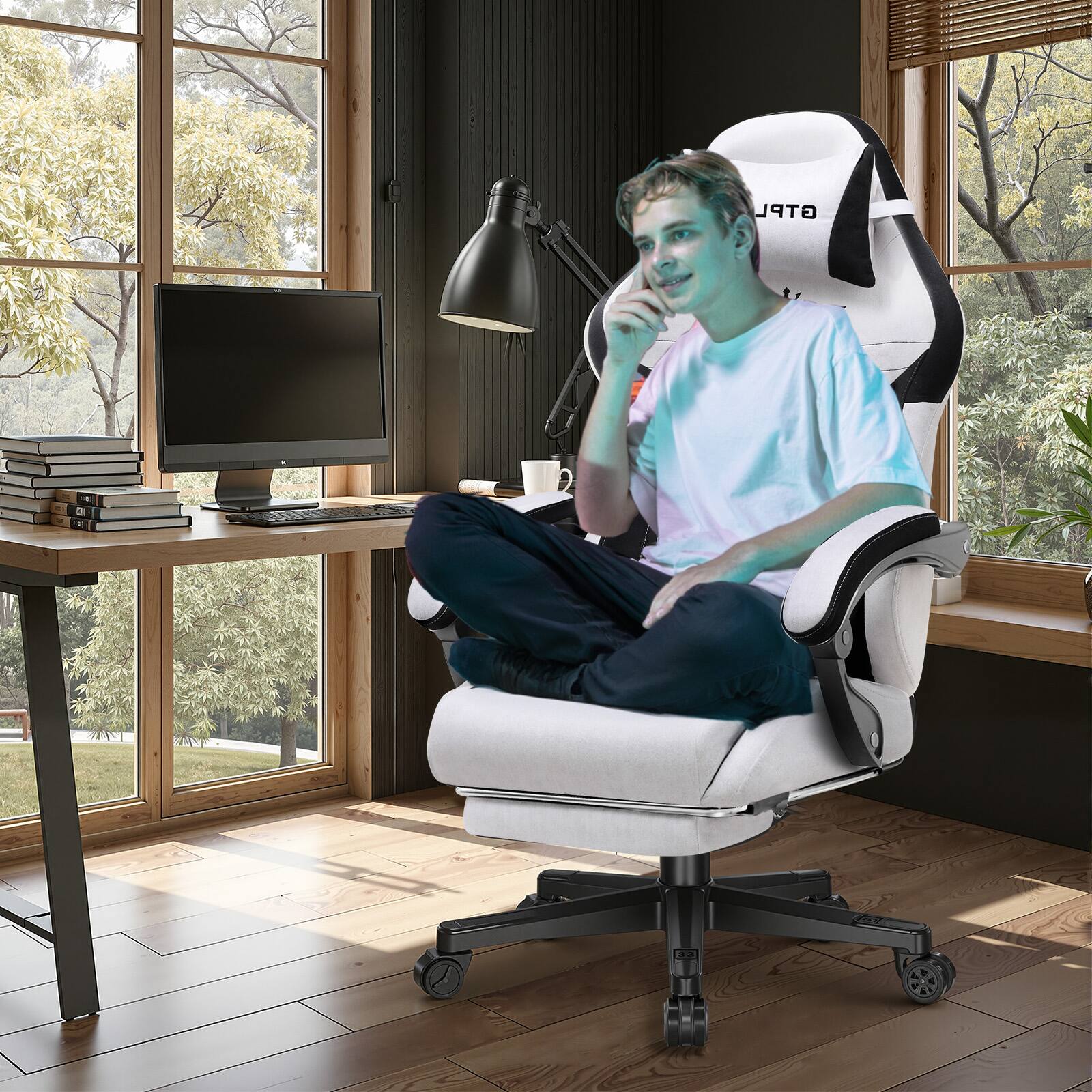 GTPlayer Gaming Chair with Extended Backrest Fabric Computer Chair Gray ...