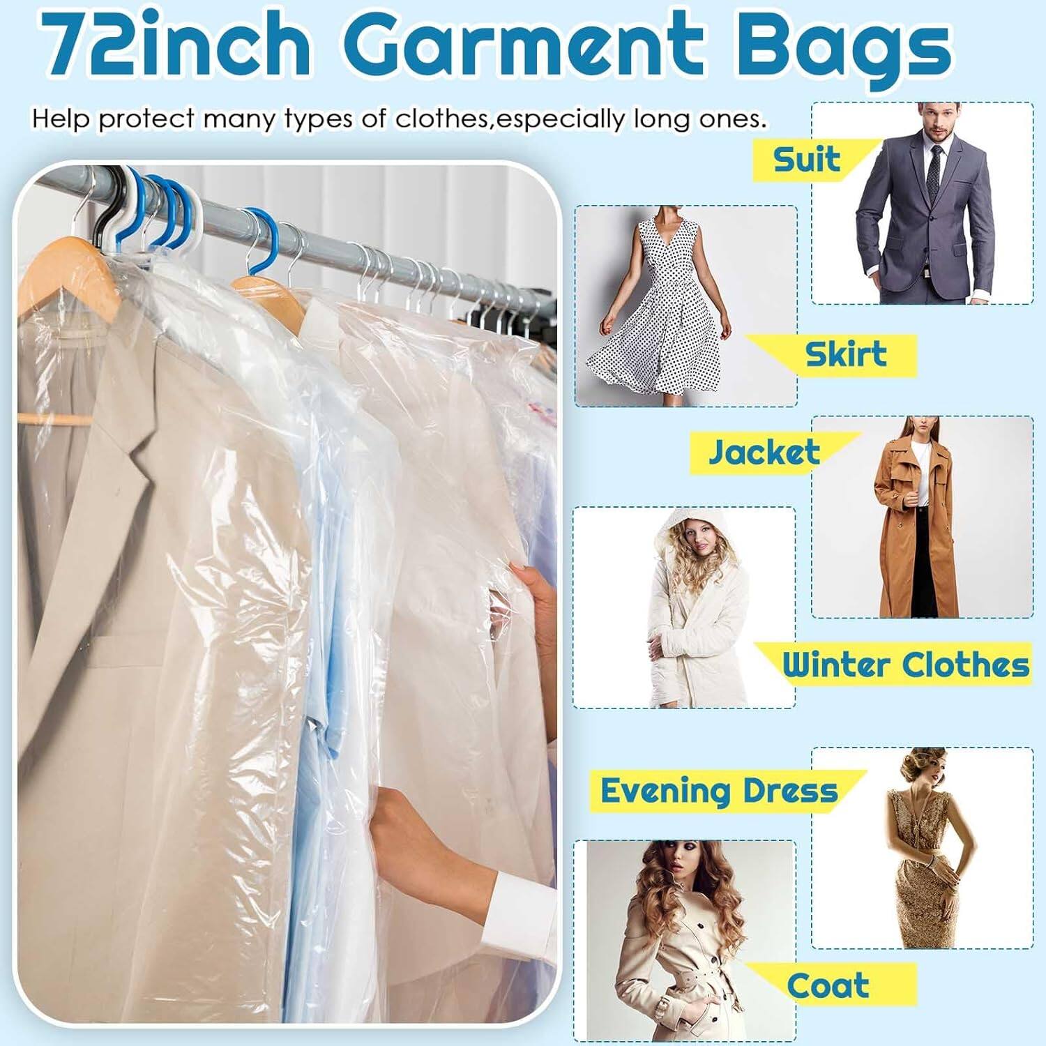 blue 120 Pcs 72 Inch Long Dry Cleaning Bags for Clothes Dress Clear ...