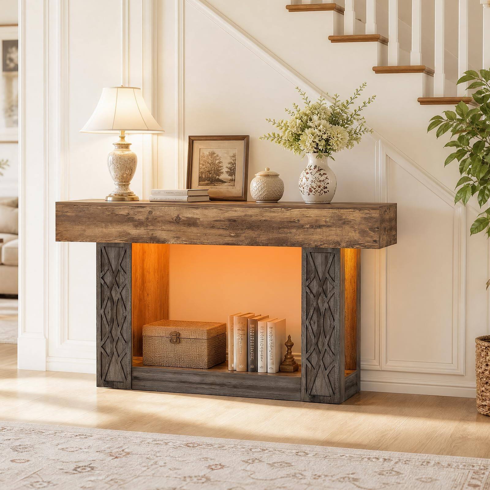 Aheaplus 63" Farmhouse Console Table with Charging Station & RGB LED ...