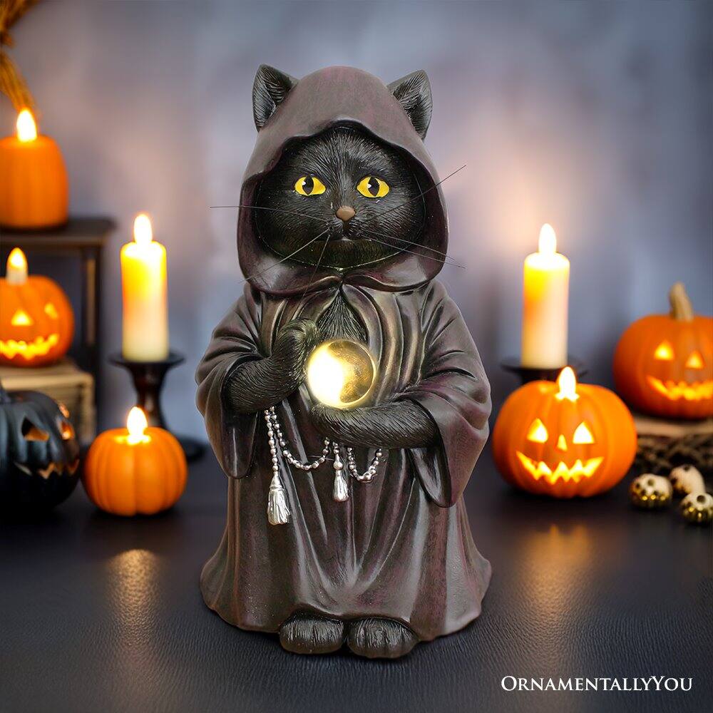 OrnamentallyYou Ominous Cat Wizard Figurine, 7" Solar Light Gothic Yard ...