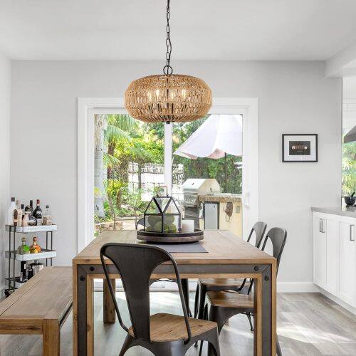 LUCKY ONE 15.7in Hanging Rattan Chandelier, 4 Light Boho Wicker Pendant ...