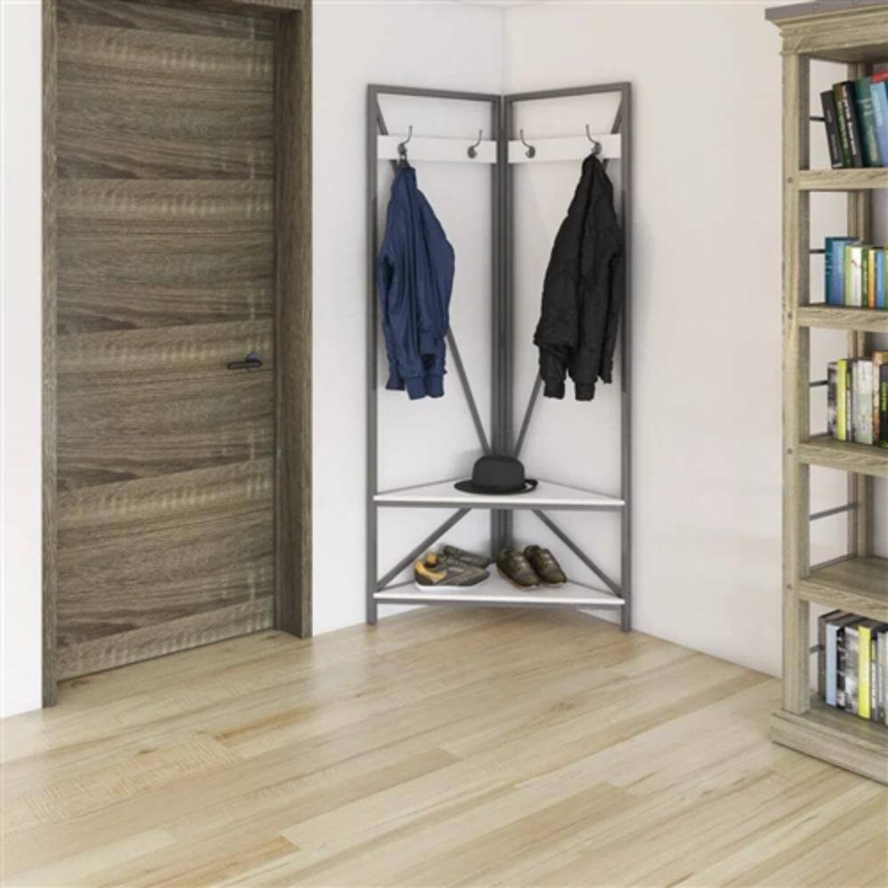 Hivvago Modern Metal Hall Tree Coat Rack Shoe Storage Bench with White ...