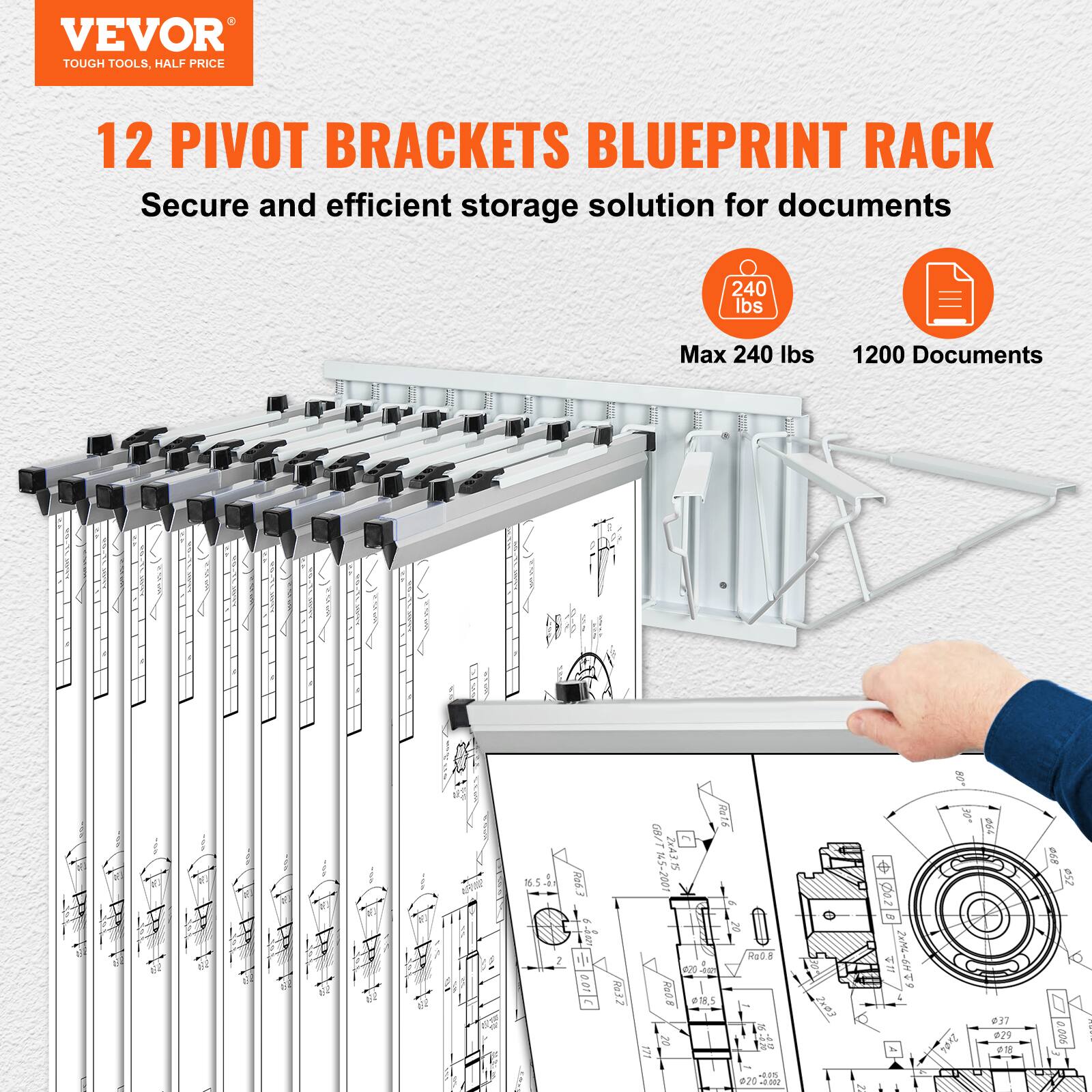 VEVOR Wall Mount Blueprint Storage Rack – Holds up to 1200 Blueprints, Hanging Blueprint Holder ...