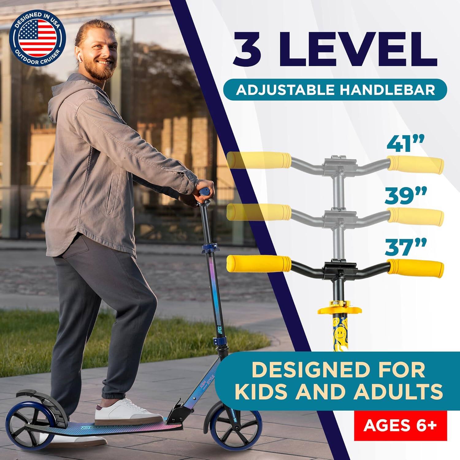 Outdoor Cruiser Kick Scooter – Foldable, 8" Wheels, 3 Level Adjustable ...