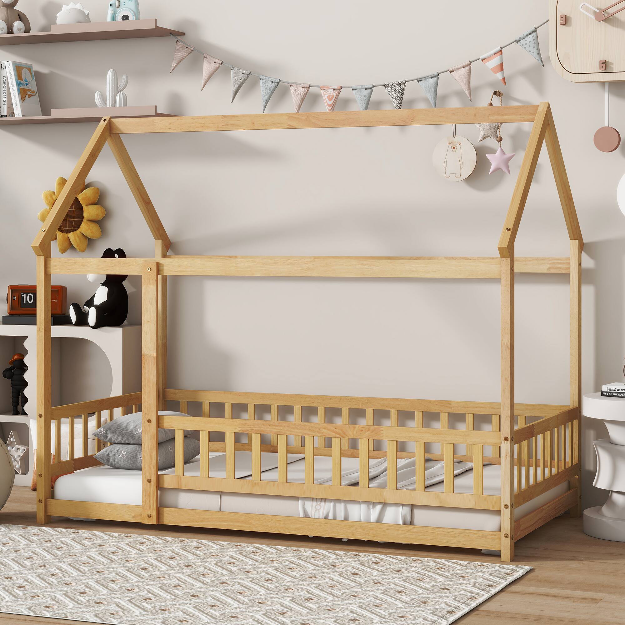 Tiramisubest Twin Size House Floor Wooden Bed with Roof Frame,Safety ...