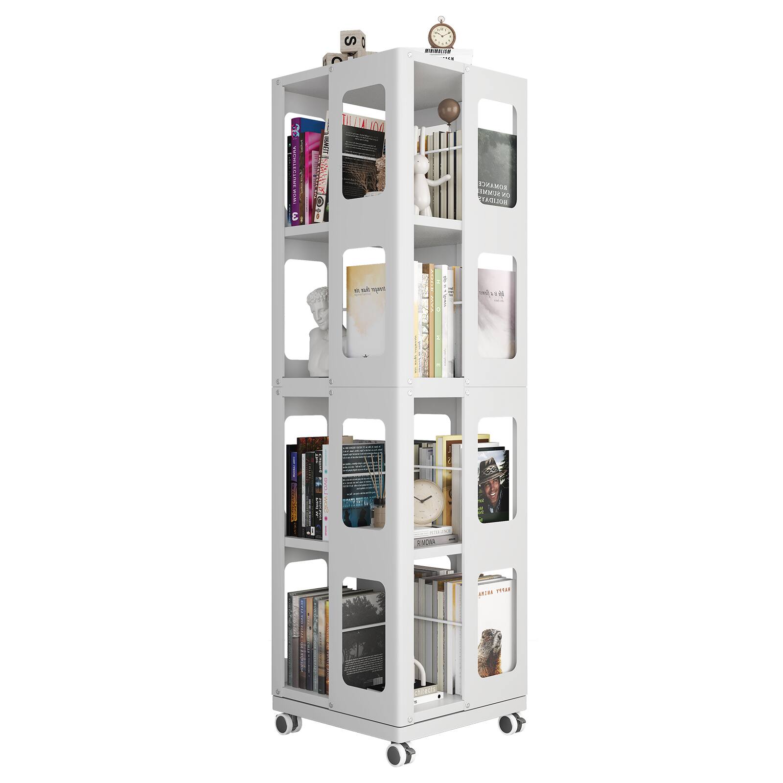 Spaco Rotating Bookshelf, All Steel 360° Wheels 4 Tier Large Capacity ...