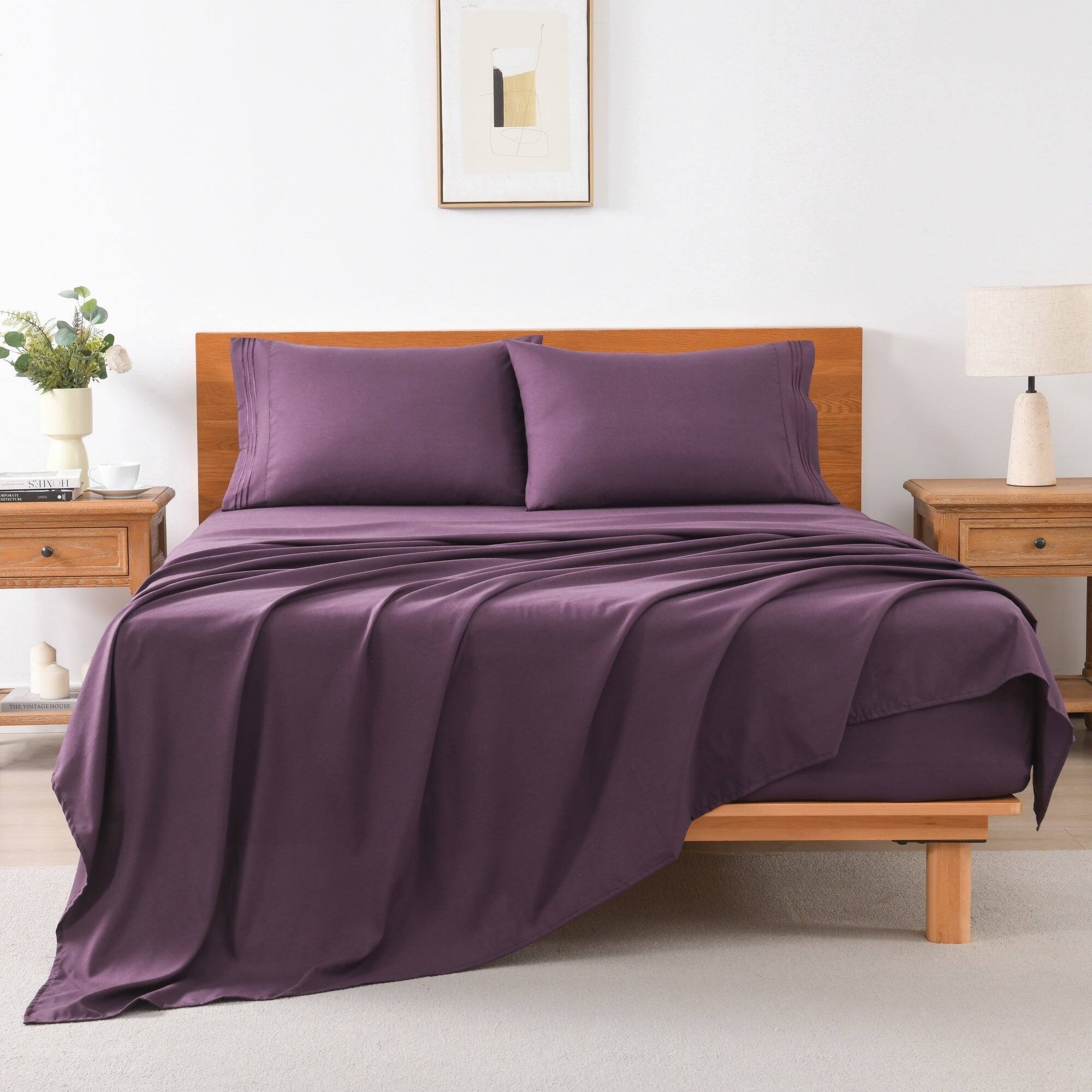 SOLID MarCielo - 3/4 Pcs Soft & Embroidery Bed Sheets Set - Dark Purple ...