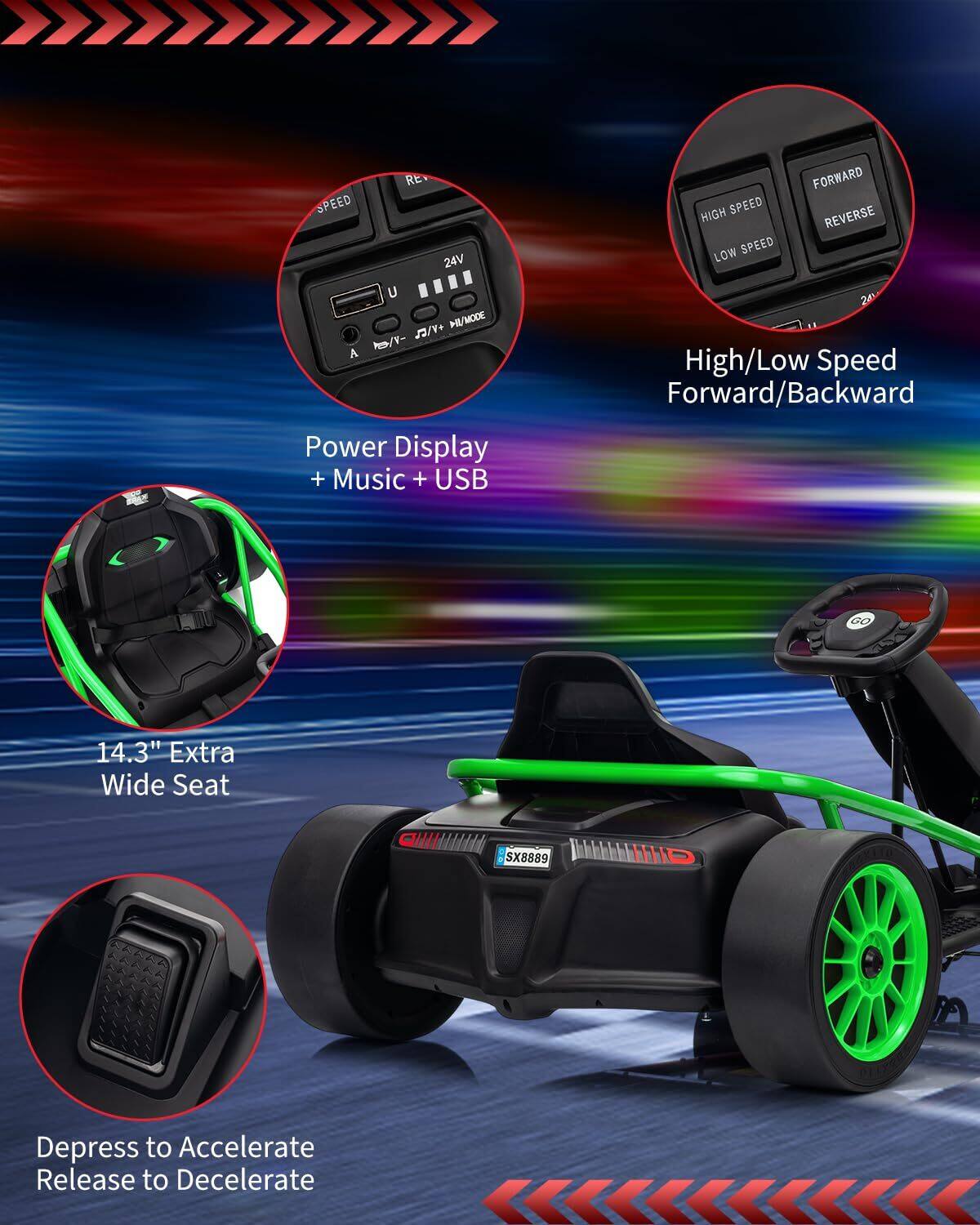 Acekool Ride On Go Kart for Kids, 24V 9Ah Battery 2x300W Motors, 8MPH ...