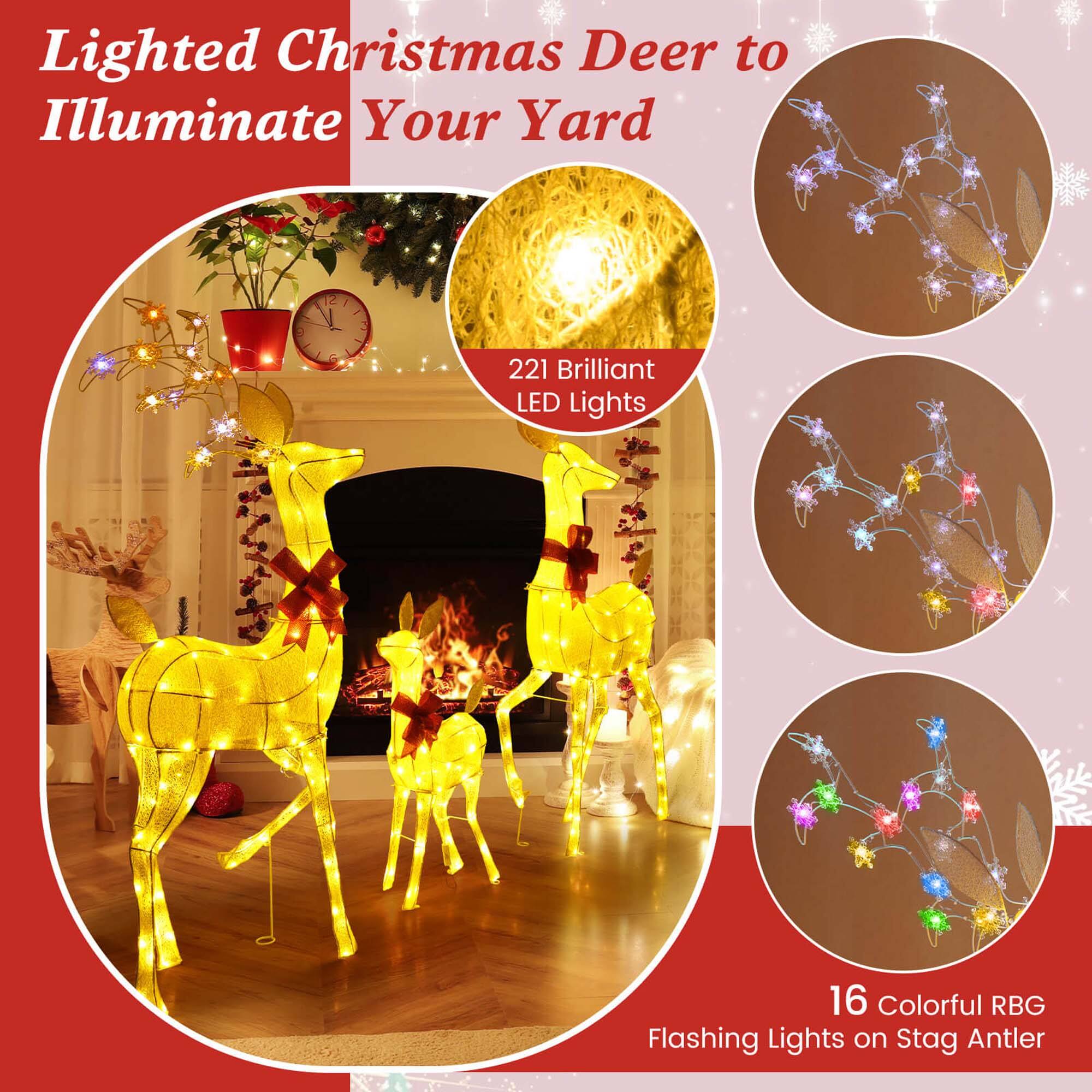 Costway 3 PCS Lighted Family Deer Set with LED Lights RGB Flashing ...