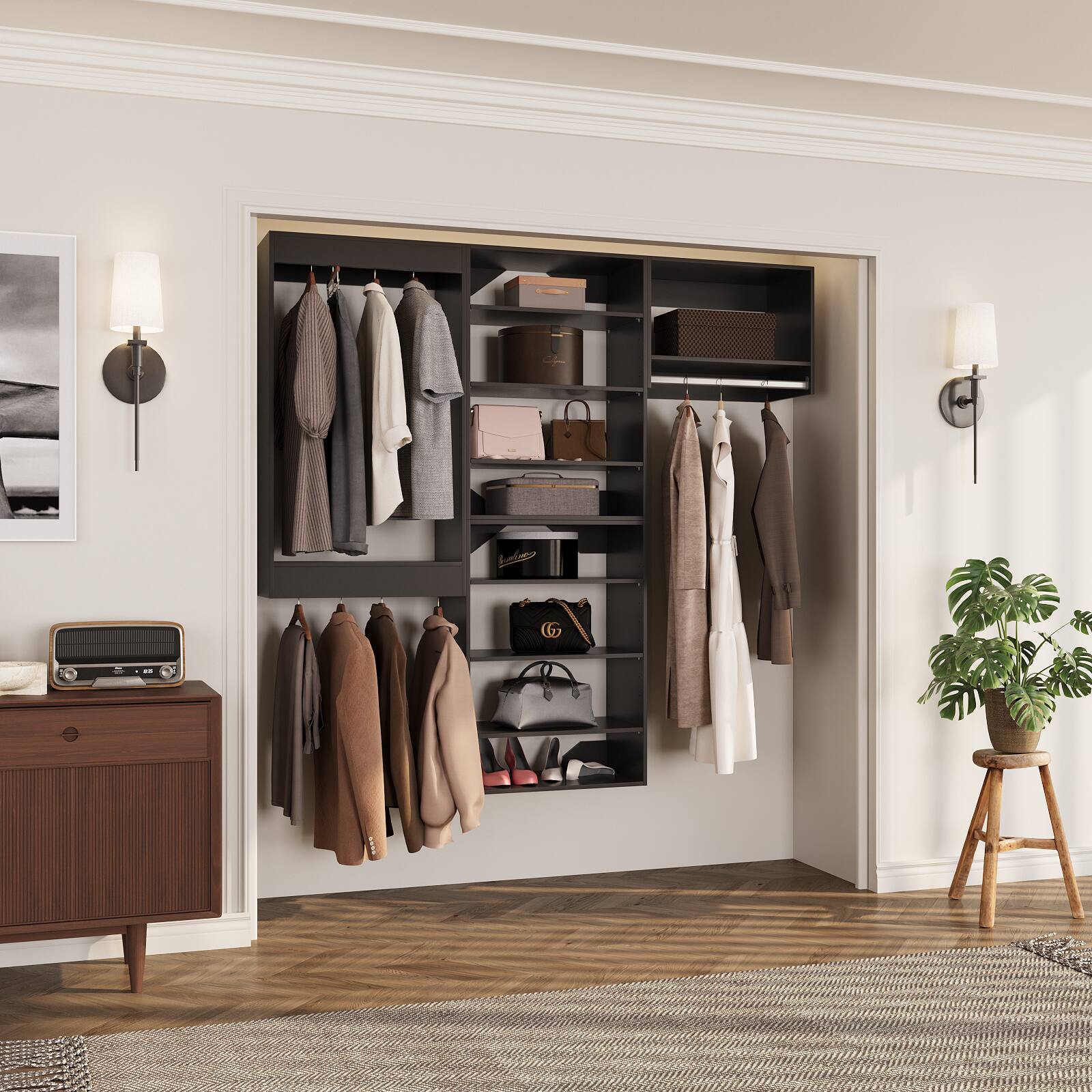 LOVMOR 78 in Black Modular Closet System Unit Customizable Wall Mounted ...