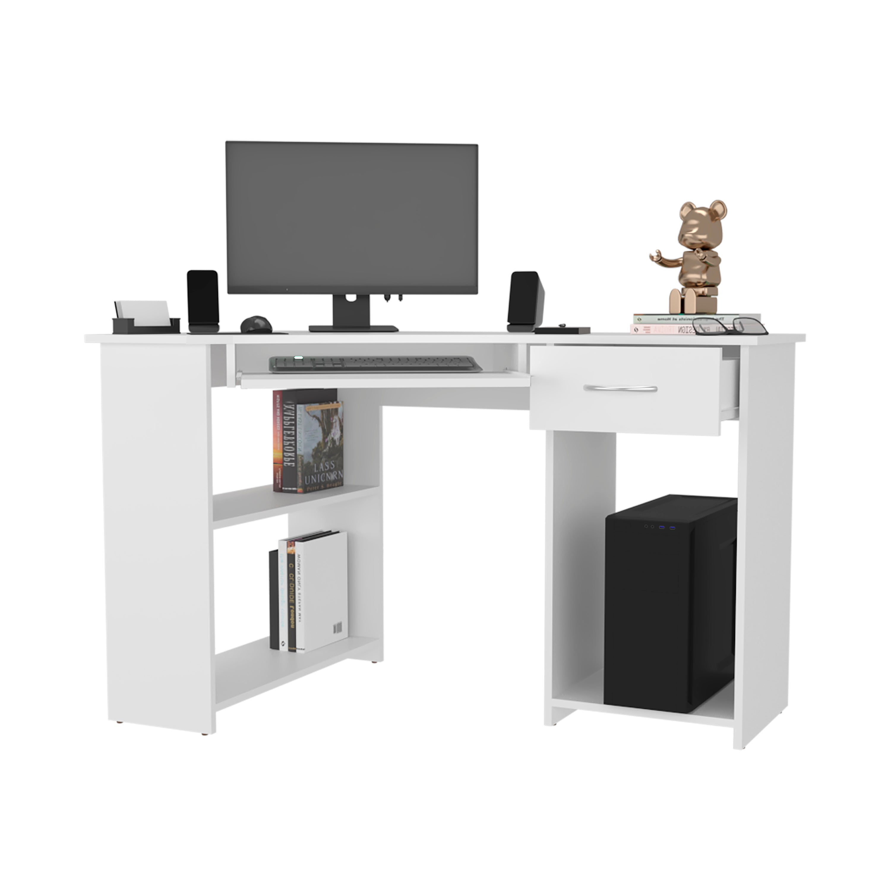 TinyHomie Corner Computer Desk L Shaped with Drawer and Shelf White SF ...