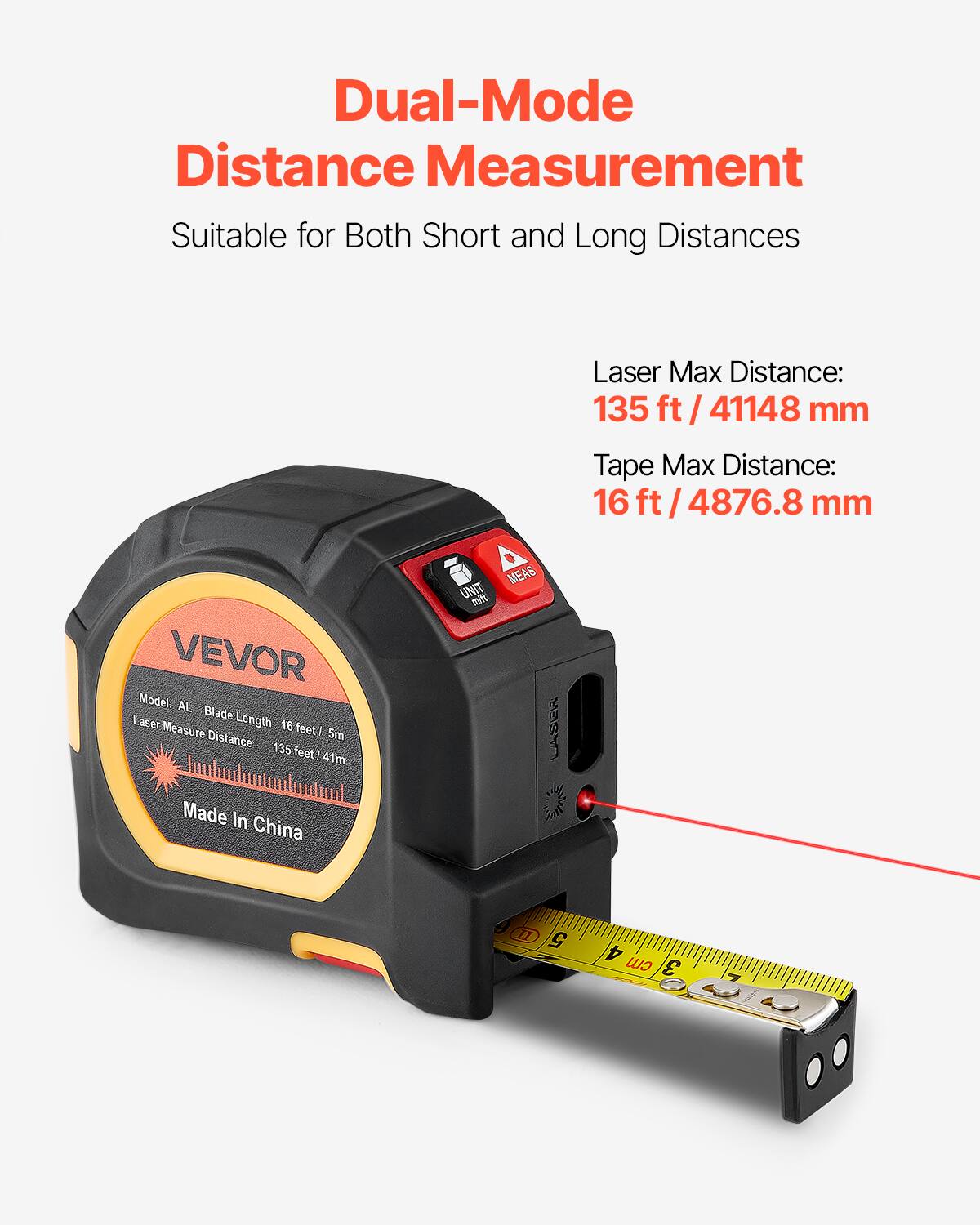 VEVOR 2 in 1 Laser Tape Measure, 135Ft Rechargeable Laser Measurement Tool & 16Ft Measuring Tape ...