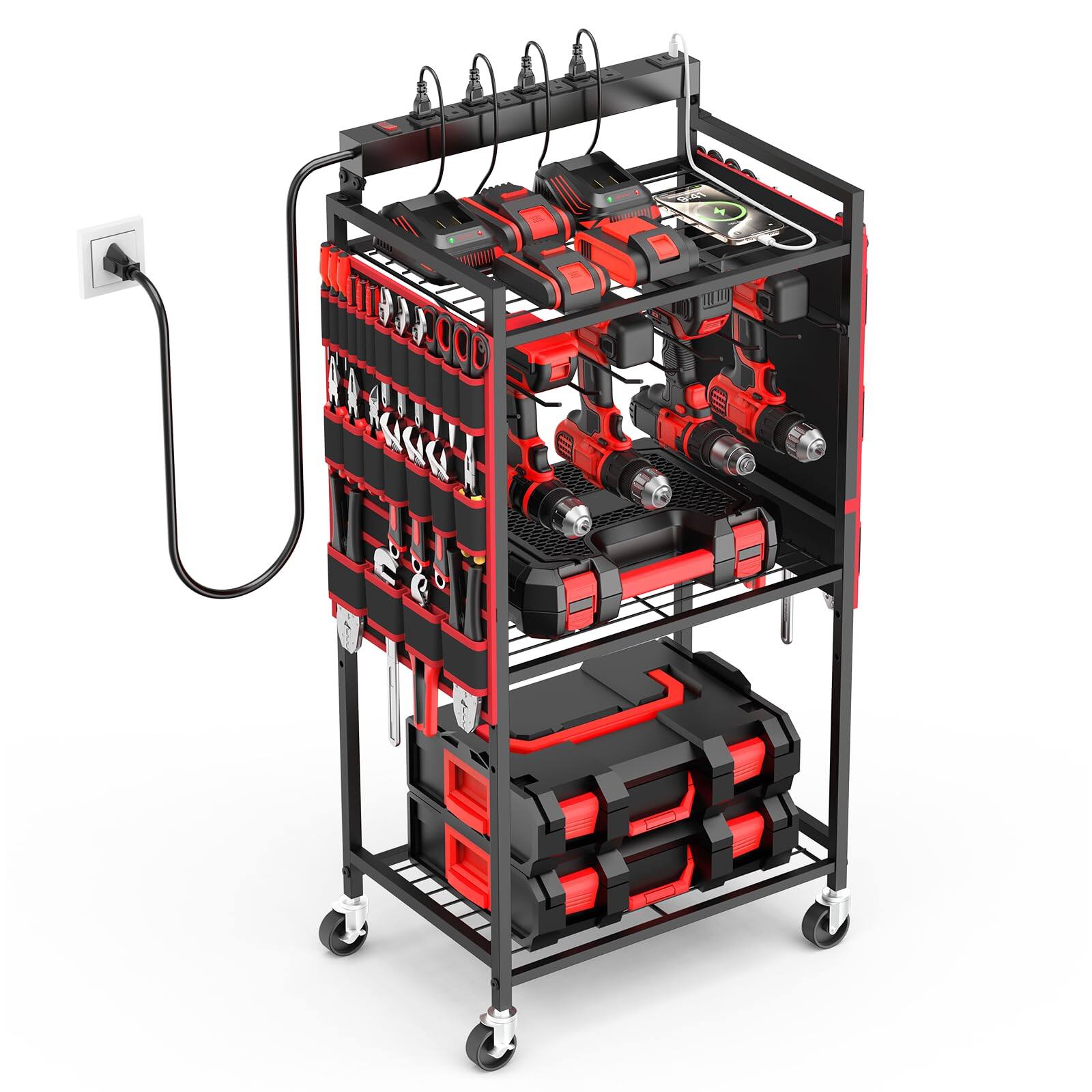 JETRANSPORT Garage Large Power Tool Organizer Cart With 8 Outlet 3 Usb ...