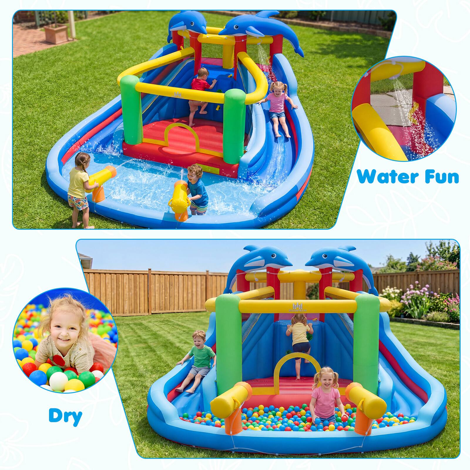 Costway Inflatable Water Slide Park with Double Slides, Jumping Area ...