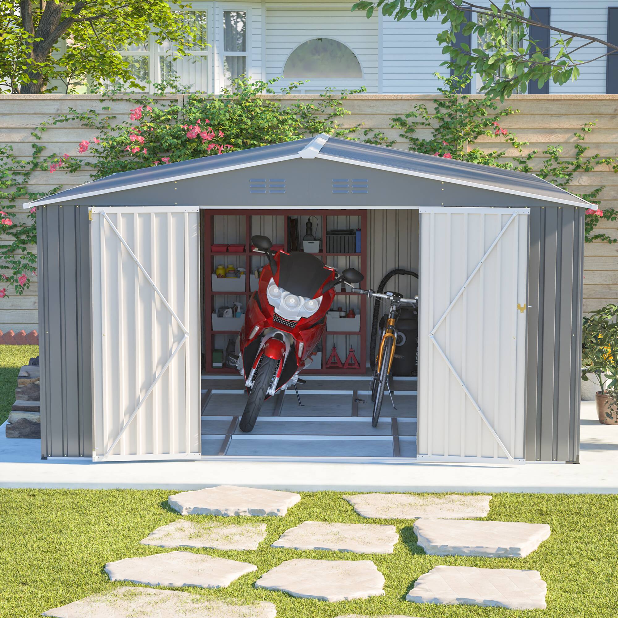 Mondawe 12×14 ft Outdoor Metal Storage Shed with Lockable Double Doors ...