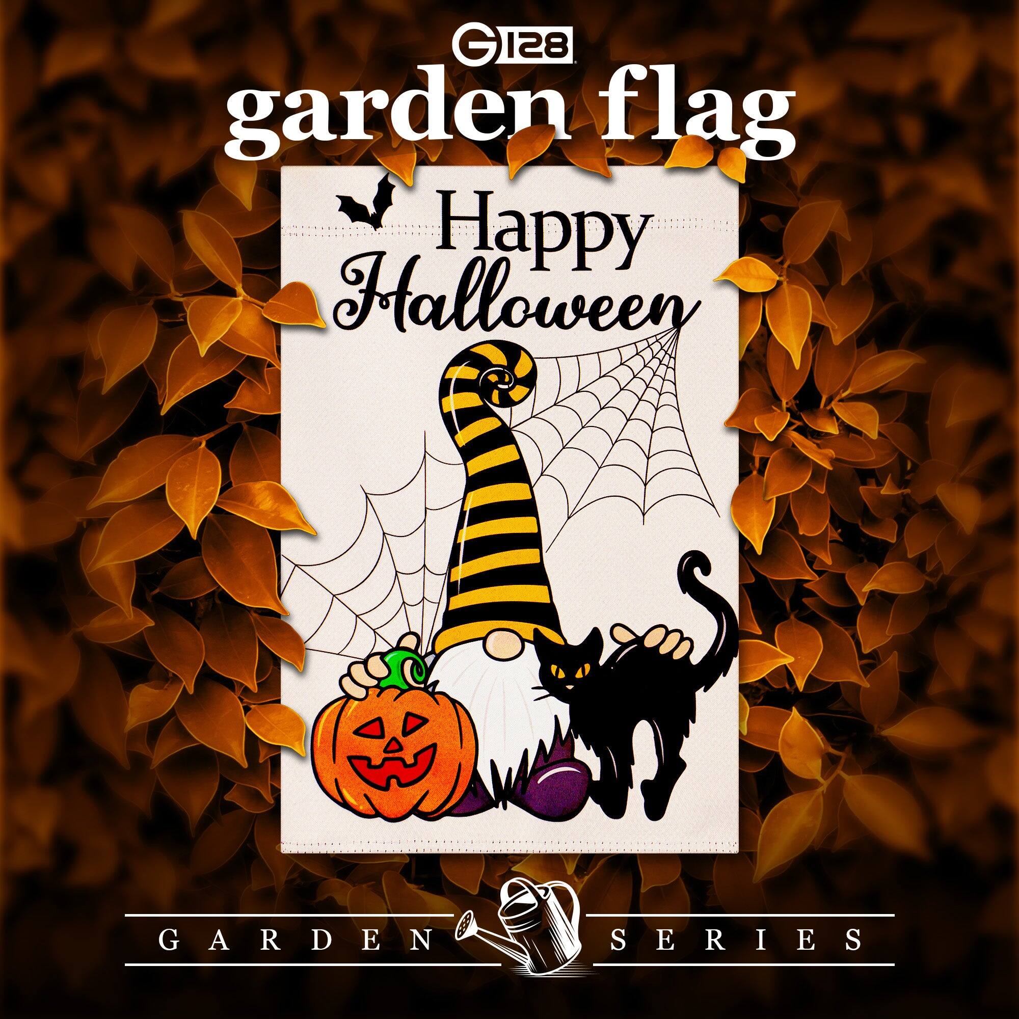 G128 Garden Flag Happy Halloween Gnome with Pumpkin and Black Cat 12 x ...