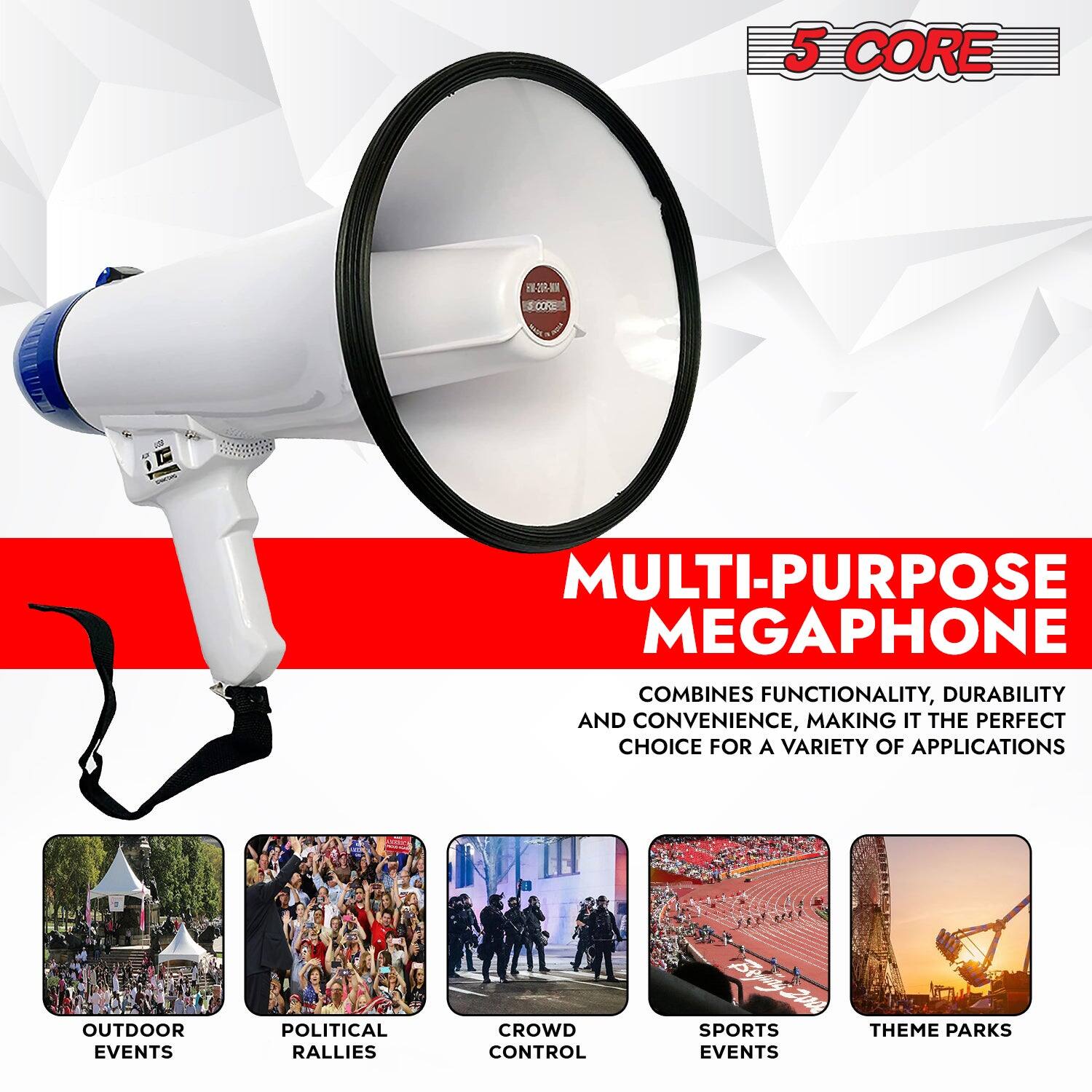 5 CORE Megaphone 20W Bull Horn PA Speaker w 300 Yards Range Loud Siren ...